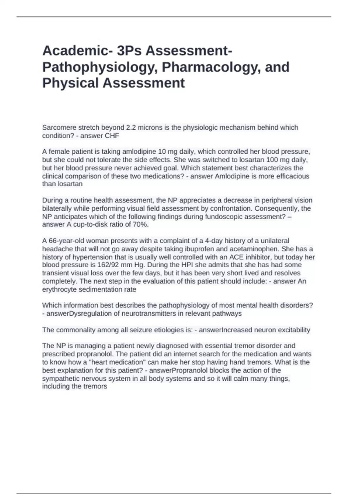 Academic- 3Ps Assessment- Pathophysiology, Pharmacology, and Physical ...