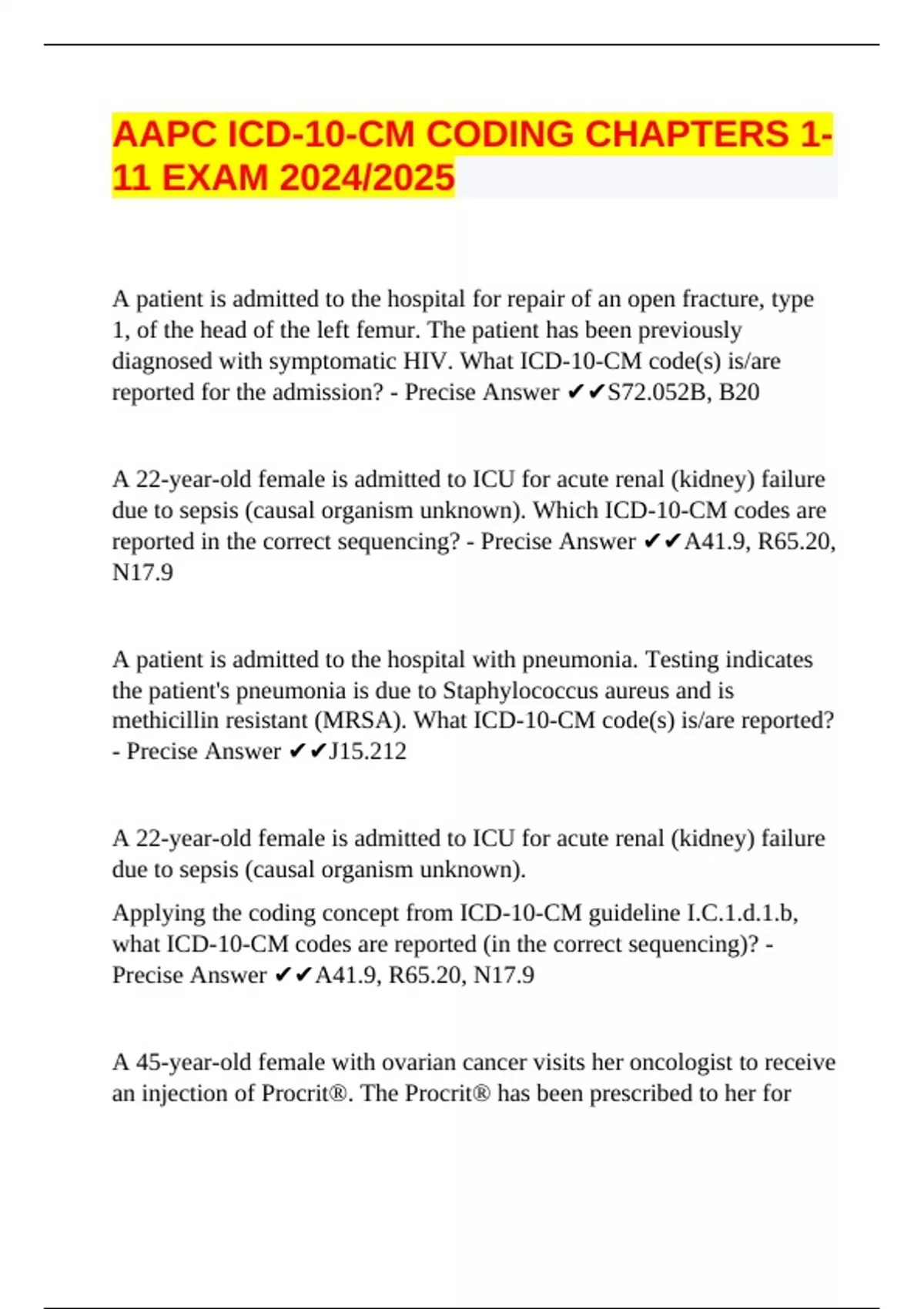 AAPC ICD-10-CM CODING CHAPTERS 1-11 EXAM 2024/2025 - AAPC ICD-10-CM CODING CHAPTERS 1-11 - Stuvia US