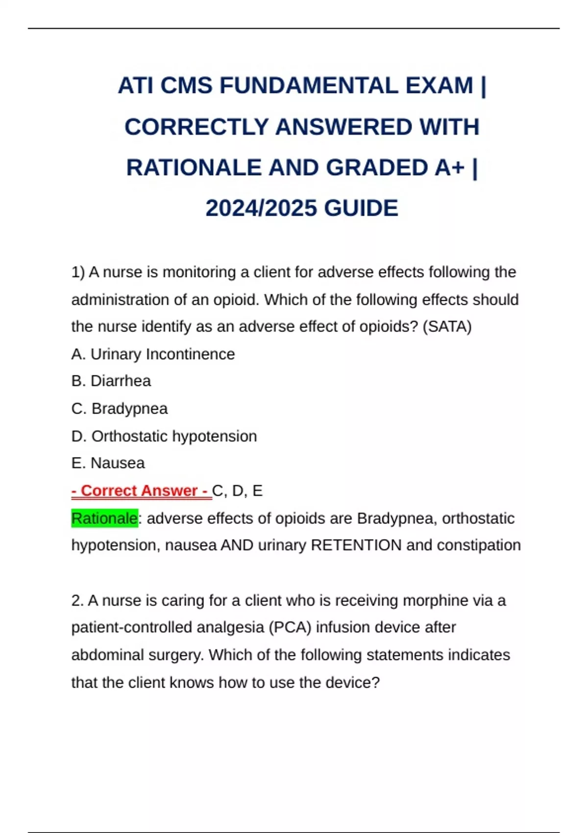 BUNDLE FOR ATI CMS FUNDAMENTAL EXAM | CORRECTLY ANSWERED WITH RATIONALE ...