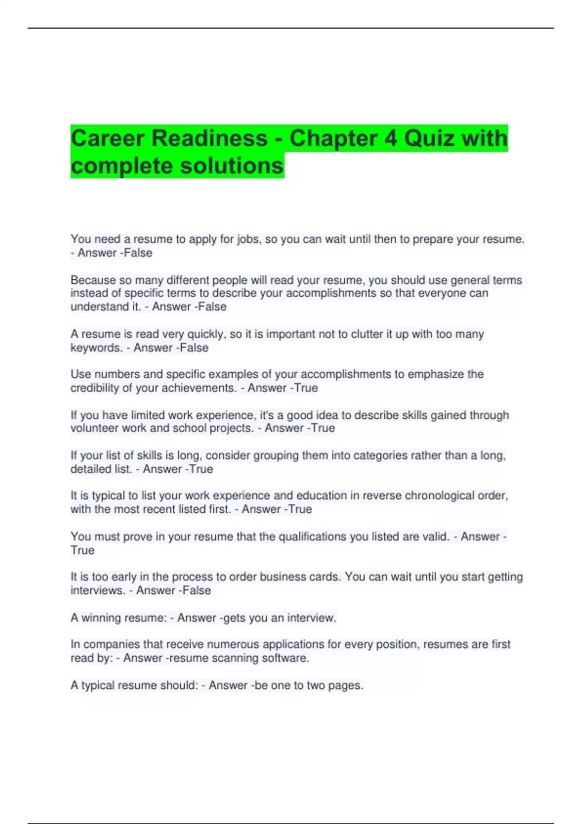 Career Readiness - Chapter 4 Quiz with complete solutions - Career ...