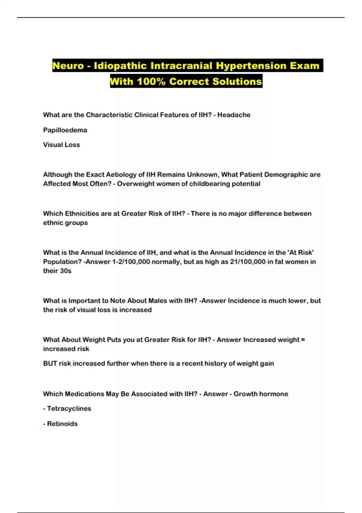 Neuro - Idiopathic Intracranial Hypertension Exam With 100% Correct ...
