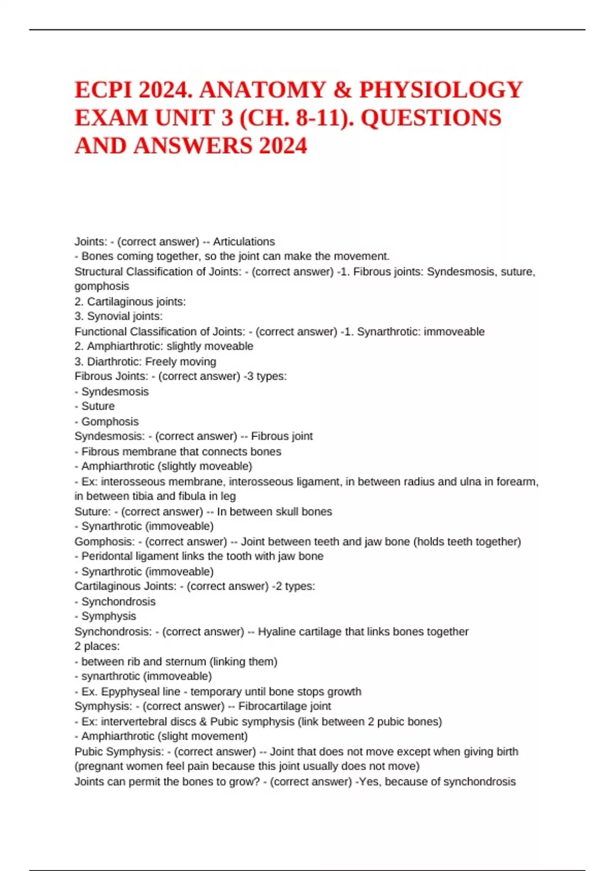 ECPI 2024. ANATOMY & PHYSIOLOGY EXAM UNIT 3 (CH. 8-11). QUESTIONS AND ...