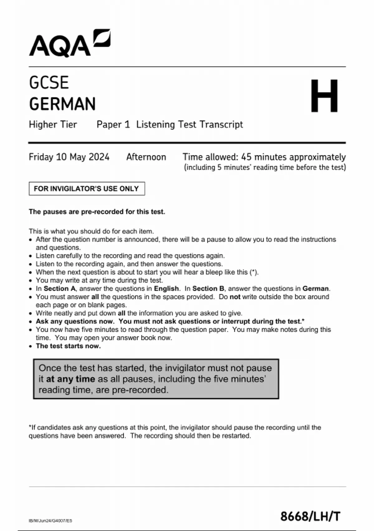 AQA GCSE GERMAN HIGHER TIER PAPER 1 2024 (8668/LH/T: Listening Test ...