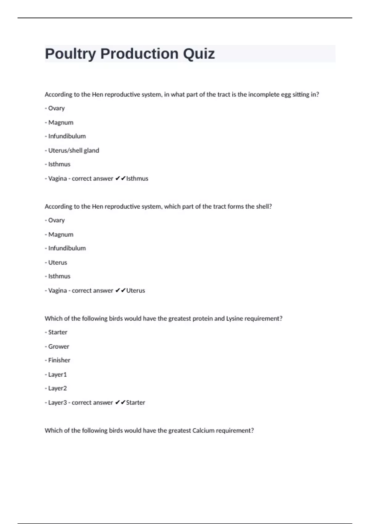 Poultry Production Quiz with correct answers - Poultry Productions ...