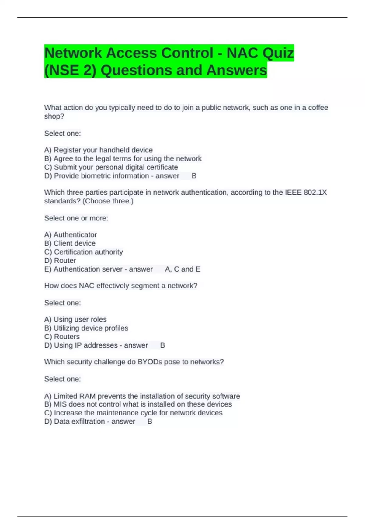 Network Access Control - NAC Quiz (NSE 2) Questions and Answers - Nse - Stuvia US