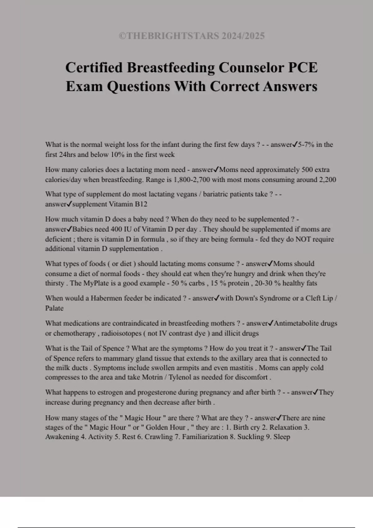 Certified Breastfeeding Counselor PCE Exam Questions With Correct Answers - Certified ...