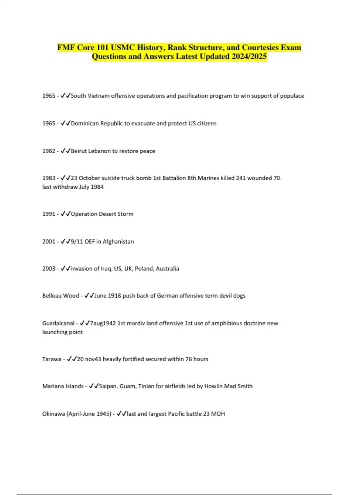 FMF Core 101 USMC History, Rank Structure, and Courtesies Exam ...