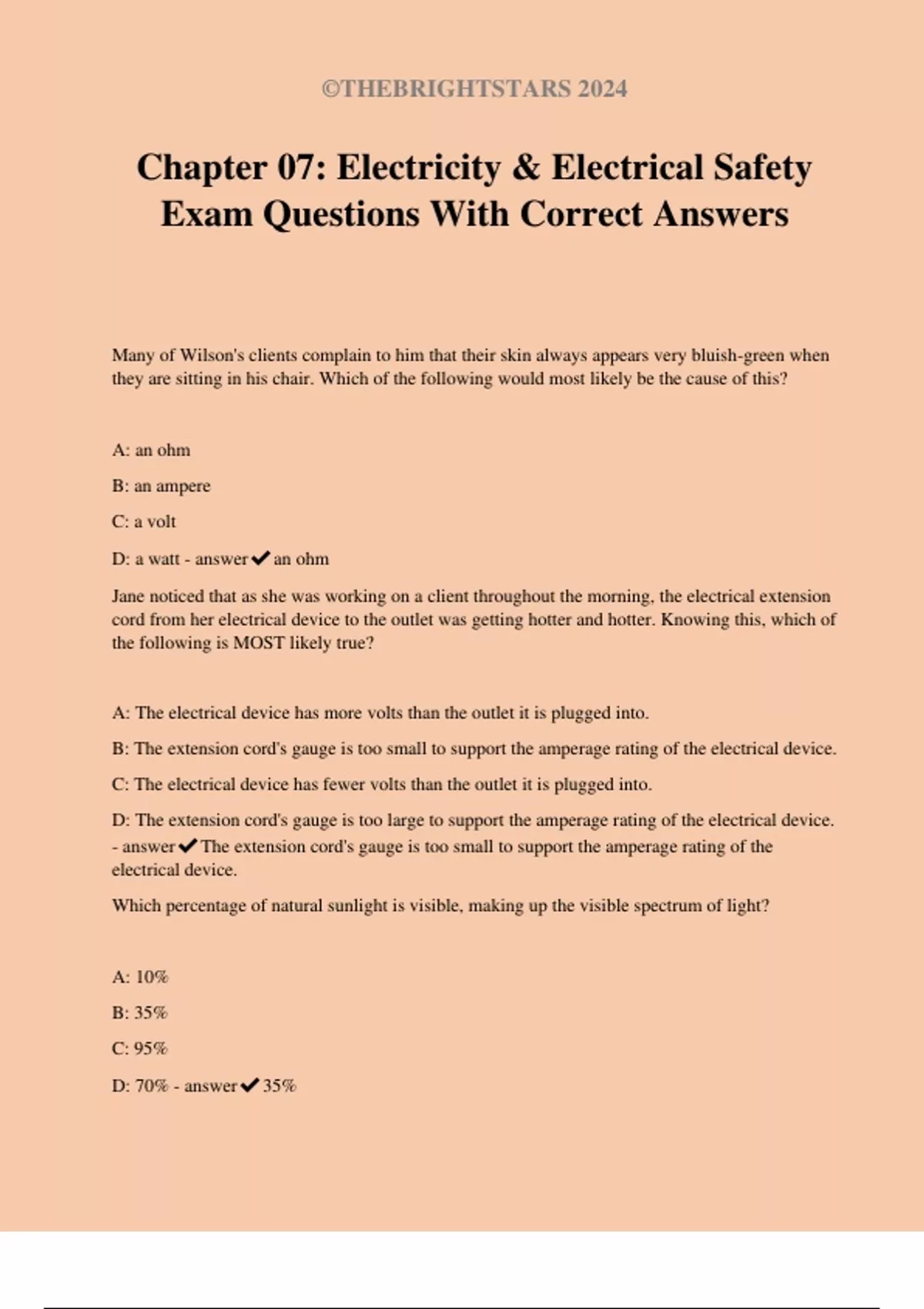 Chapter 07: Electricity & Electrical Safety Exam Questions With Correct ...