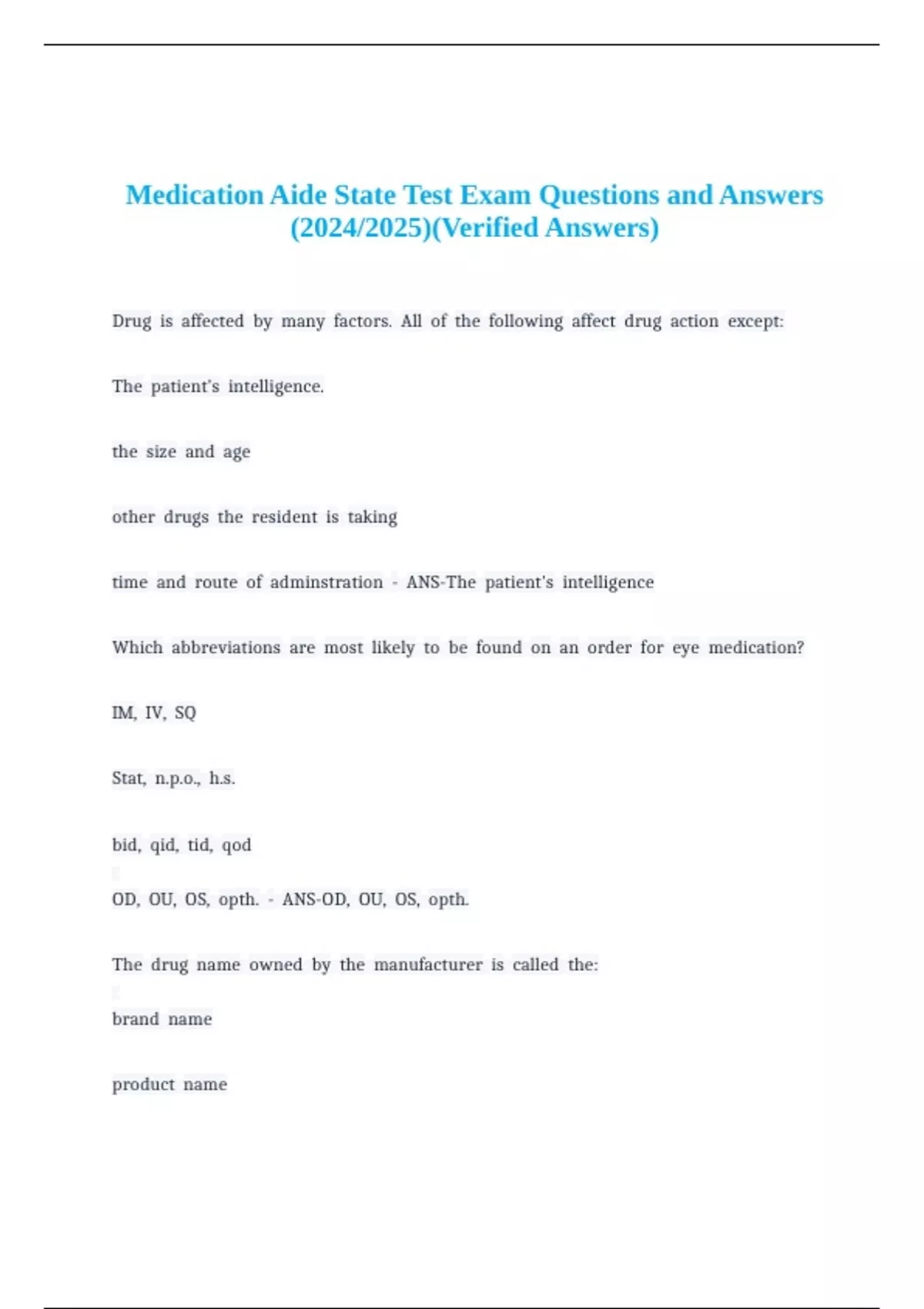 Medication Aide State Test Exam Questions and Answers (2024/2025 ...