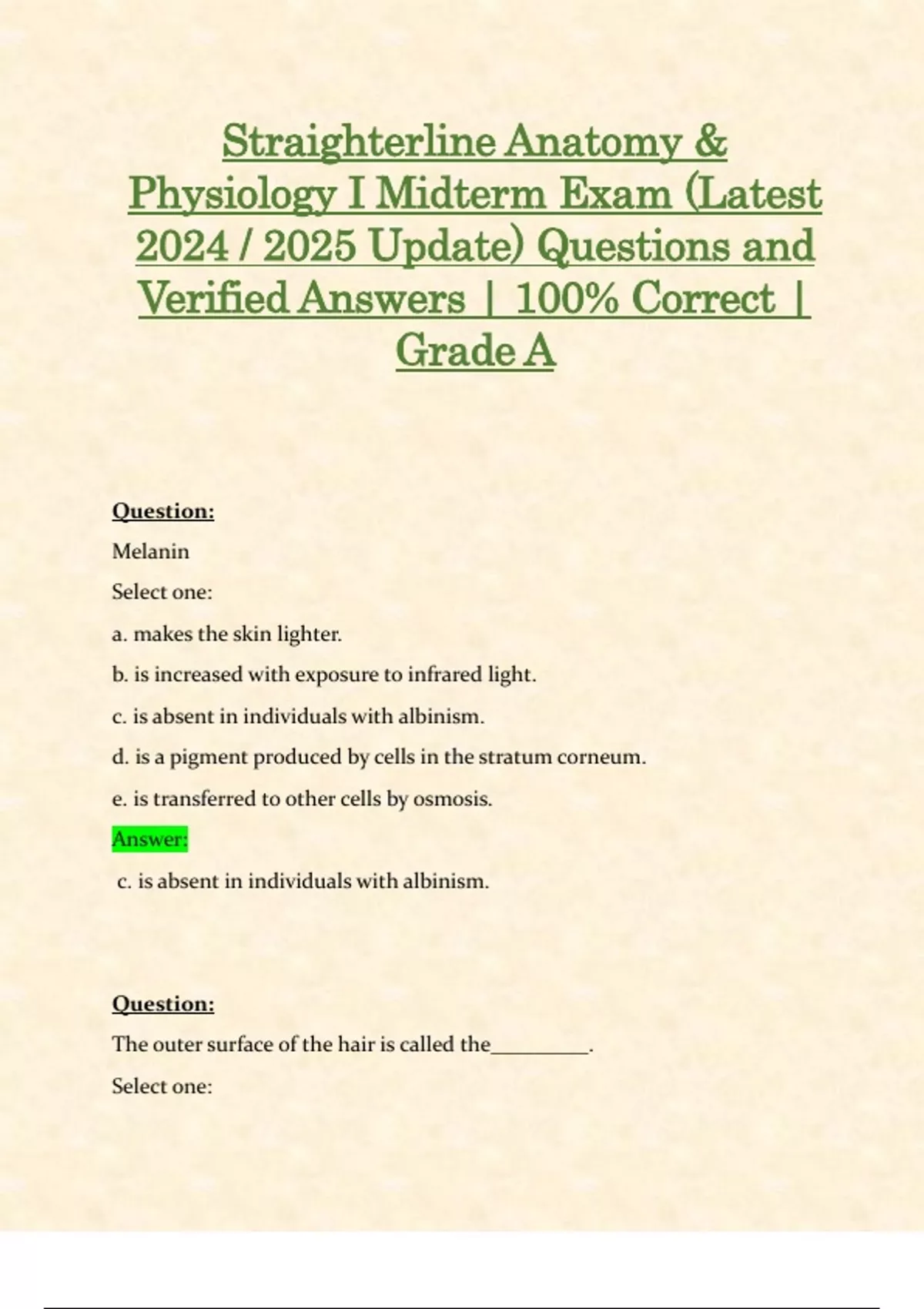 Straighterline Anatomy & Physiology I Midterm Exam (Latest 2024 / 2025 ...