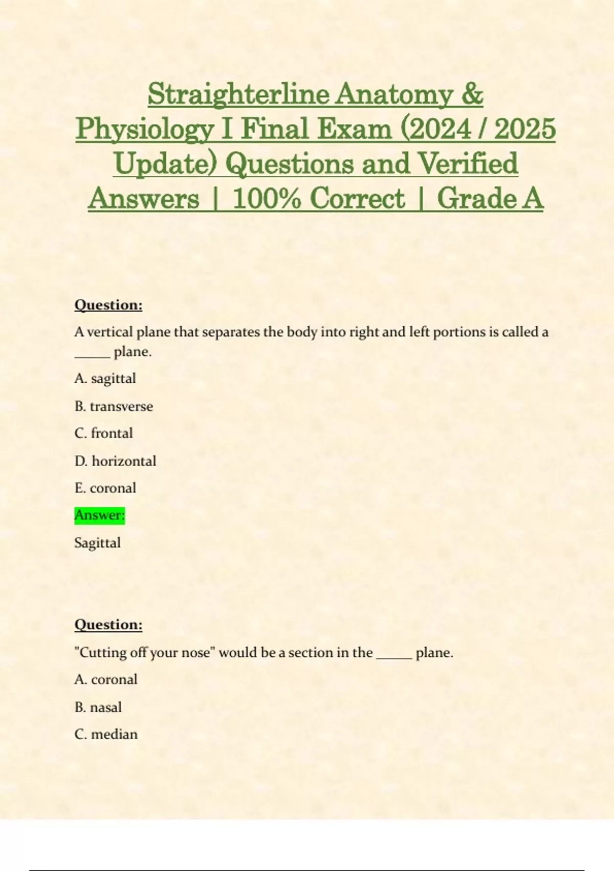 Straighterline Anatomy & Physiology I Final Exam (2024 / 2025 Update ...