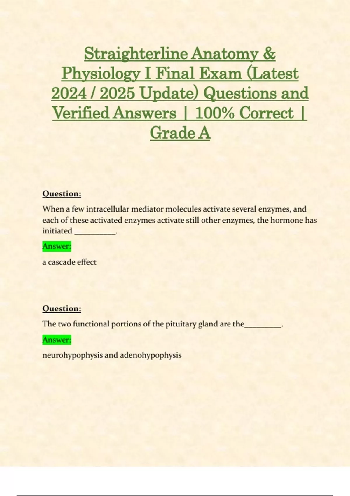 Straighterline Anatomy & Physiology I Final Exam (Latest 2024 / 2025 ...