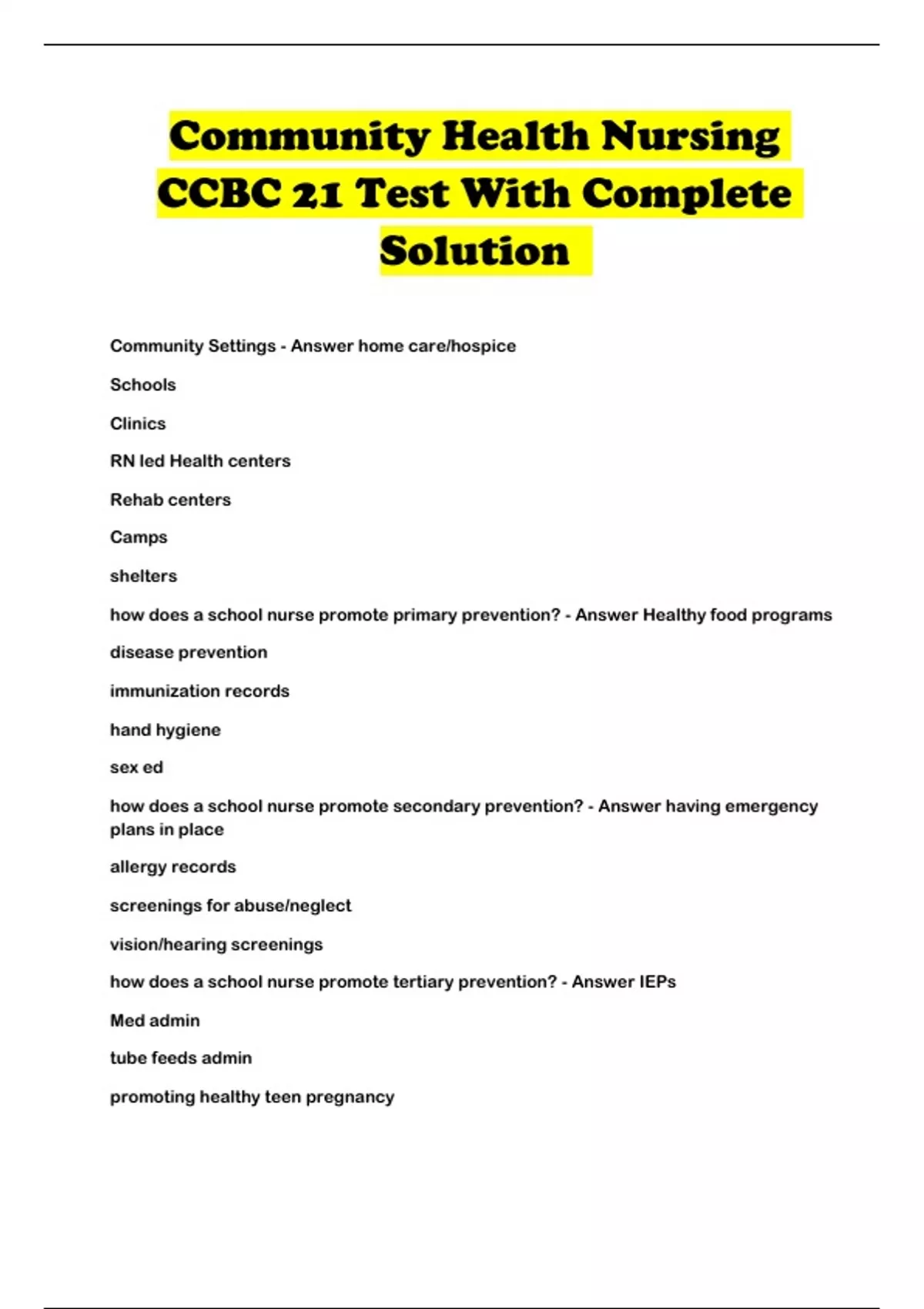 Community Health Nursing CCBC 21 Test With Complete Solution ...