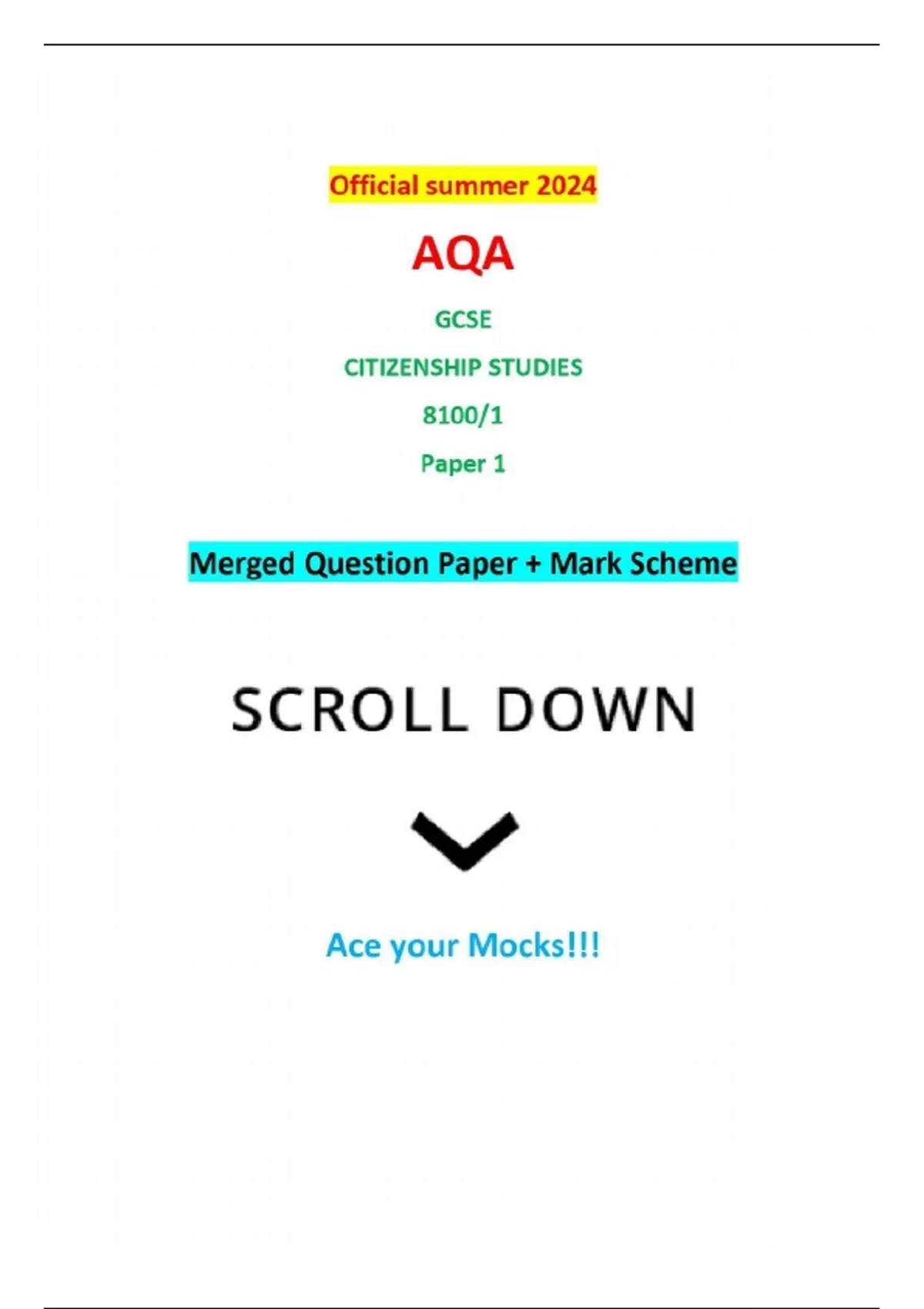 Official summer 2024 AQA GCSE CITIZENSHIP STUDIES 8100/1 Paper 1 Merged ...