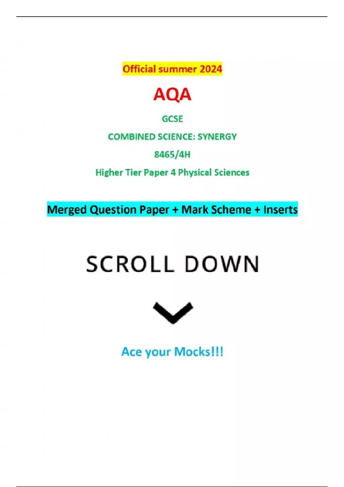 Official summer 2024 AQA GCSE COMBINED SCIENCE: SYNERGY 8465/4H Higher ...