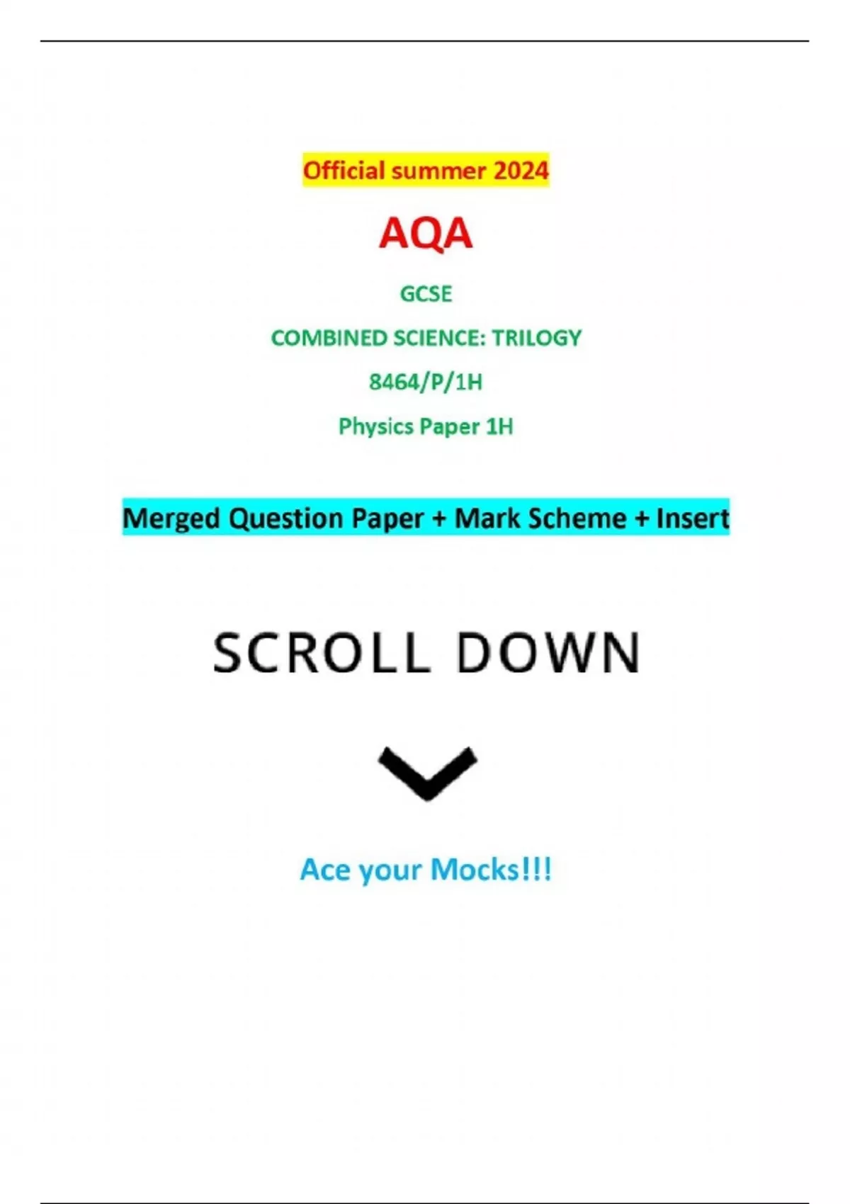 Official Summer 2024 Aqa Gcse Combined Science Trilogy 8464 P 1h
