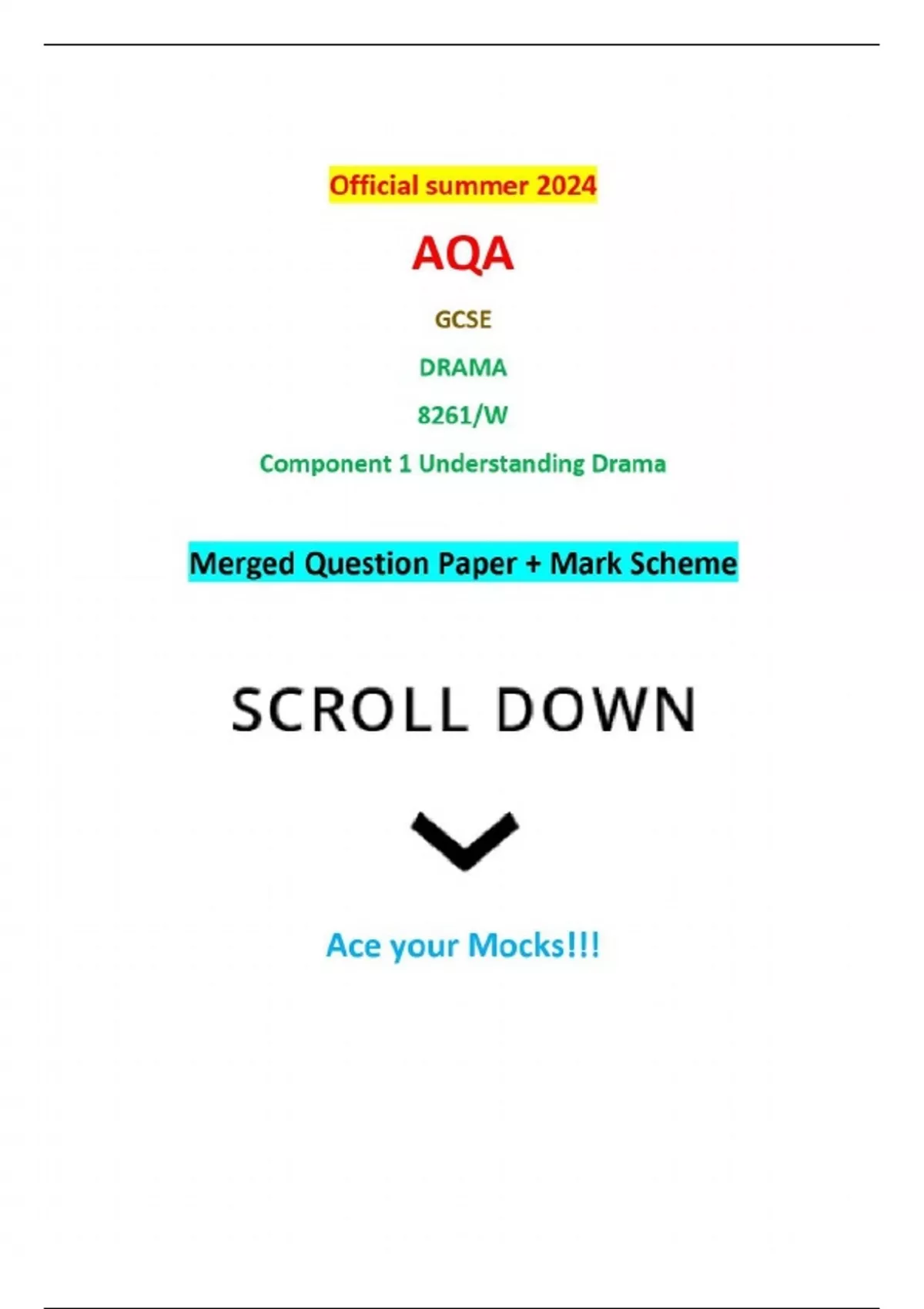 Official summer 2024 AQA GCSE DRAMA 8261/W Component 1 Understanding ...