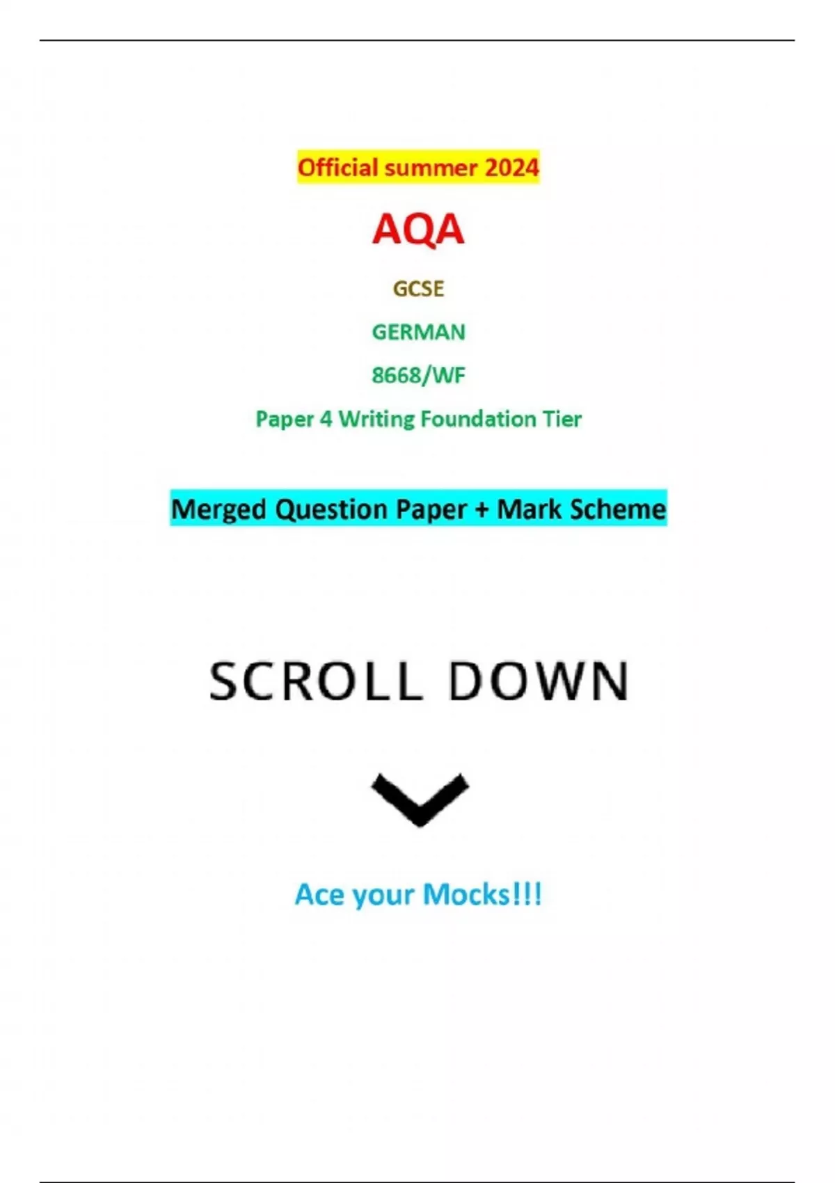 Official summer 2024 AQA GCSE GERMAN 8668/WF Paper 4 Writing Foundation ...