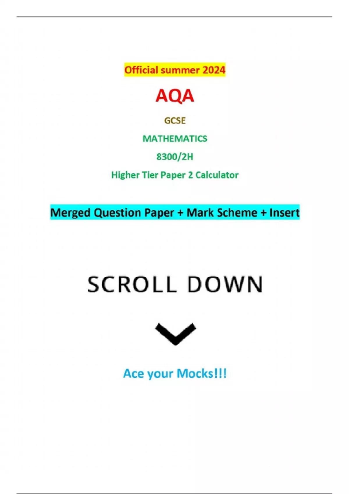 Official summer 2024 AQA GCSE MATHEMATICS 8300/2H Higher Tier Paper 2 ...