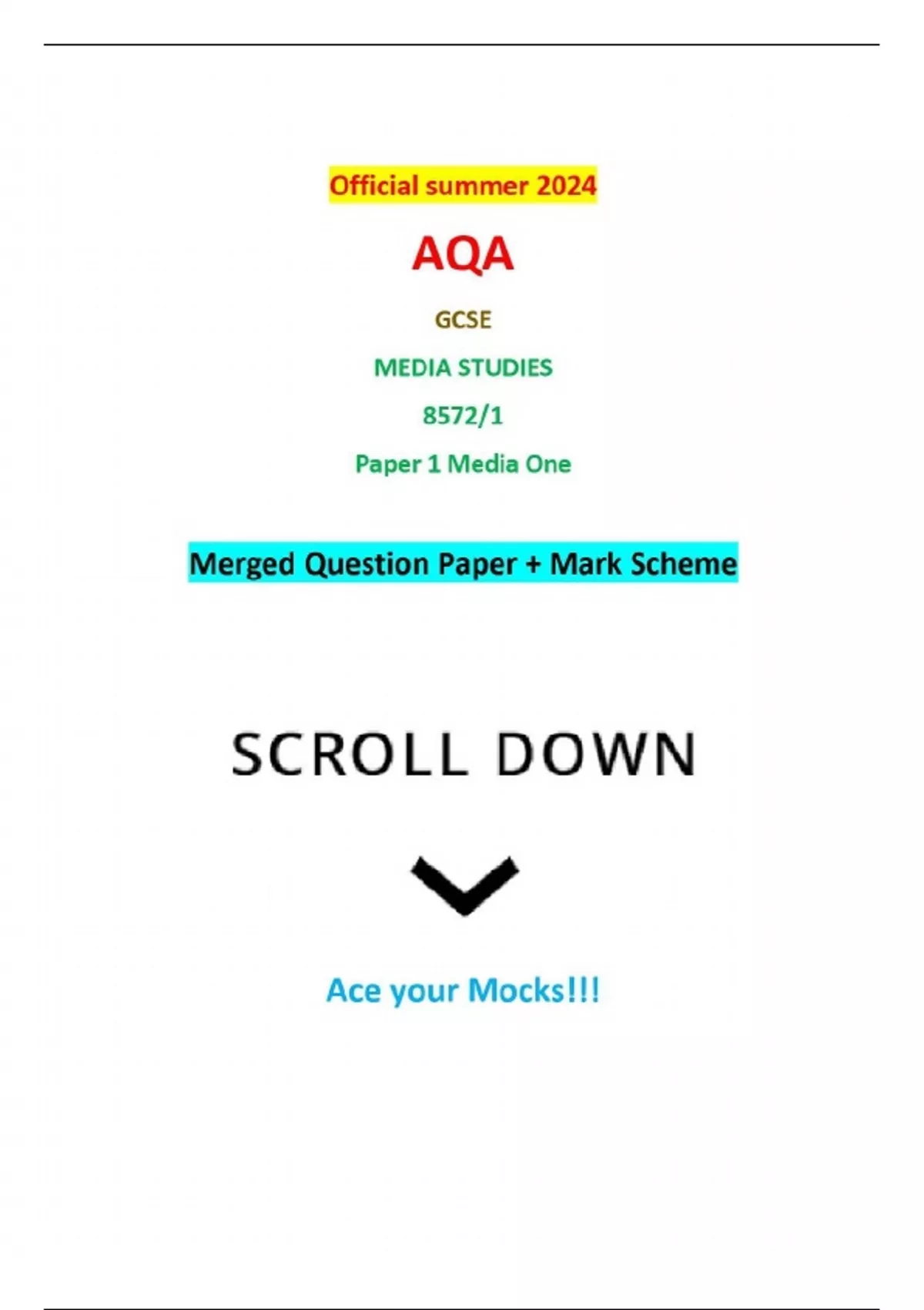 Official summer 2024 AQA GCSE MEDIA STUDIES 8572/1 Paper 1 Media One ...