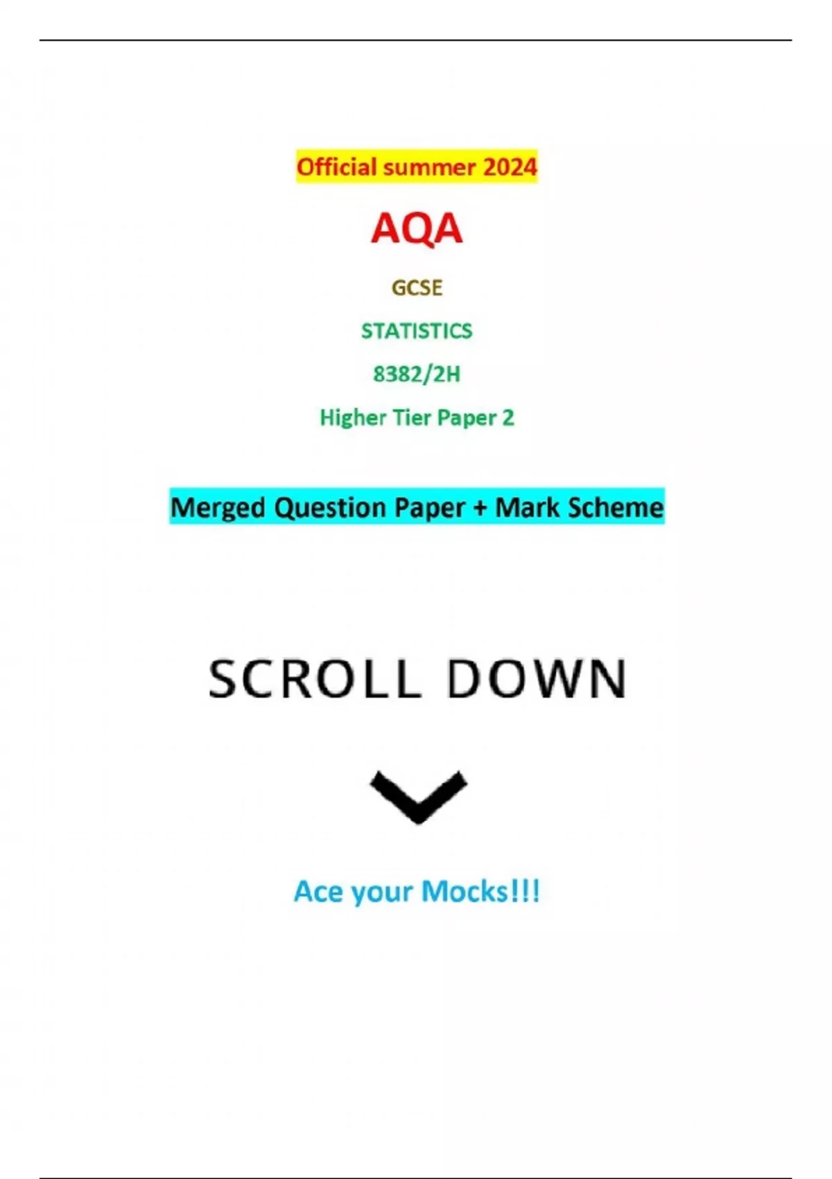 Official summer 2024 AQA GCSE STATISTICS 8382/2H Higher Tier Paper 2 ...