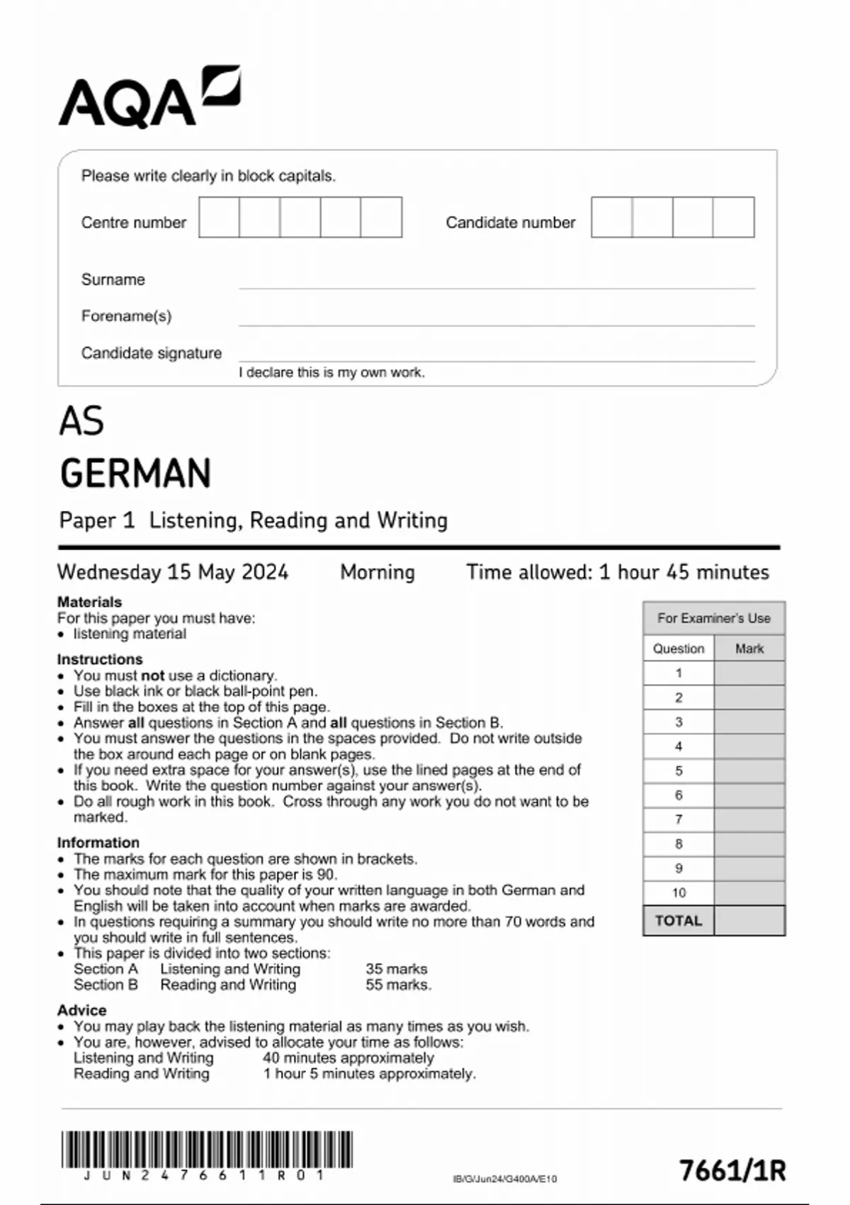 AQA AS GERMAN PAPER 1 QUESTION PAPER 2024 (7661/1R : Listening ,Reading ...