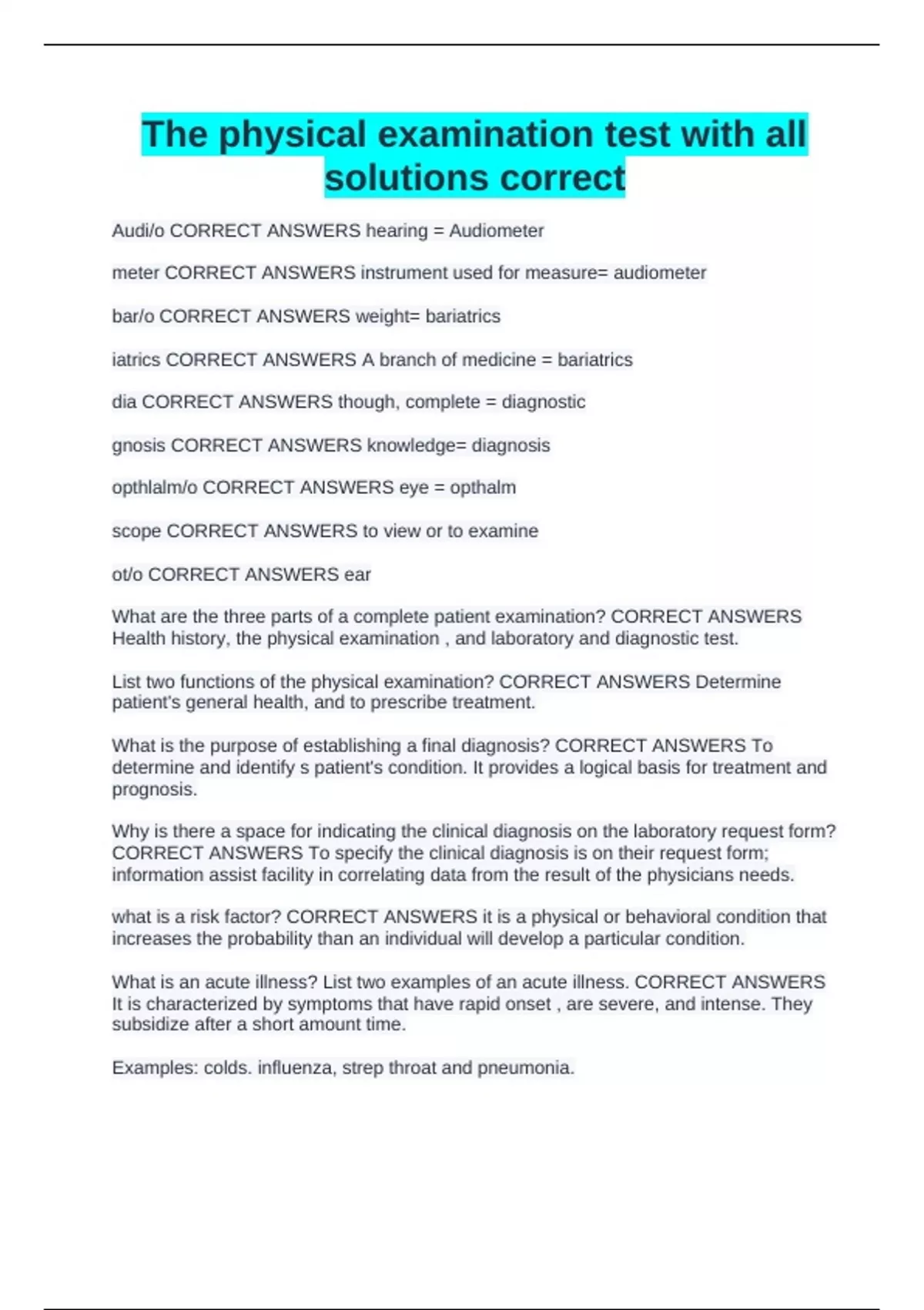 The physical examination test with all solutions correct - Physical ...