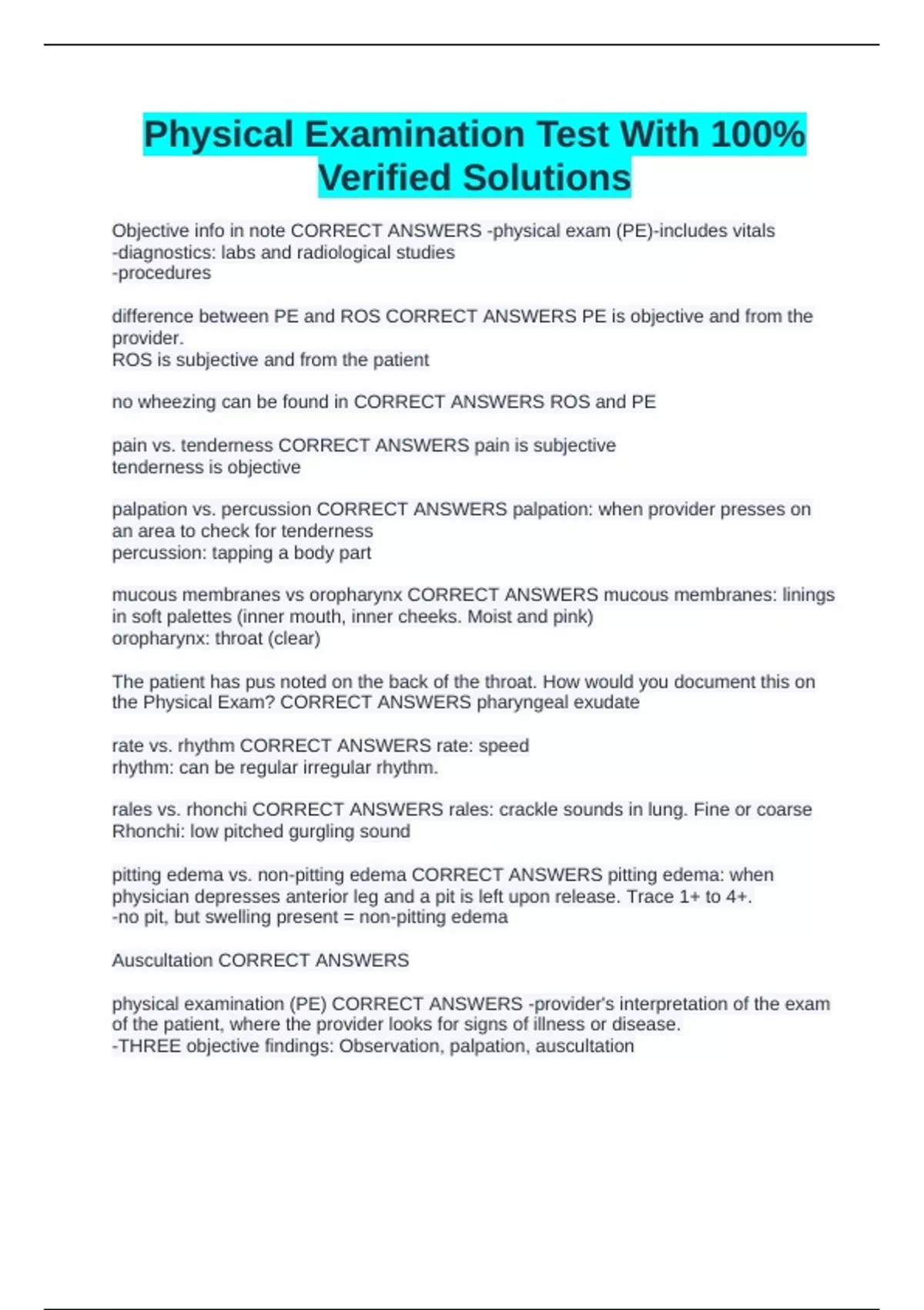 Physical Examination Test With 100% Verified Solutions - Physical ...