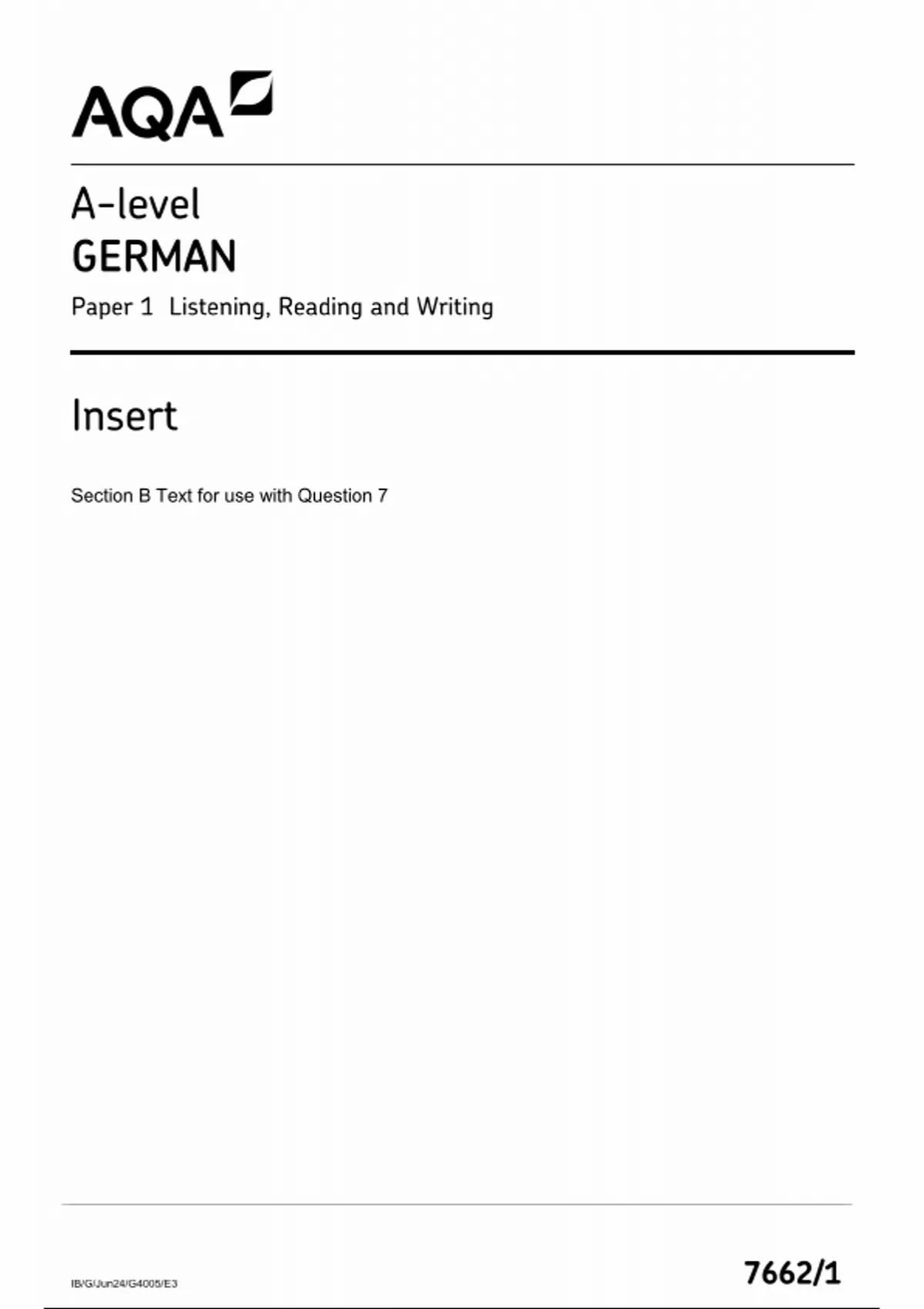 AQA A LEVEL GERMAN PAPER 1 INSERT 2024 (7662/1: Listening,Reading and ...