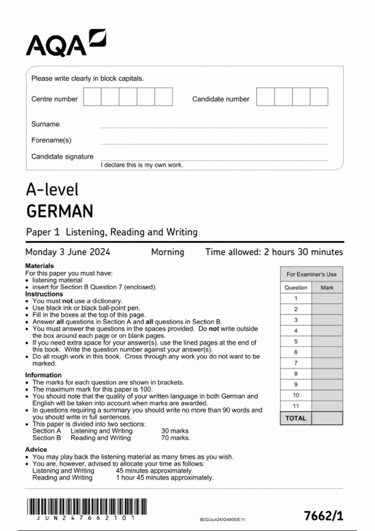 AQA A LEVEL GERMAN PAPER 1 QUESTION PAPER 2024 (7662/1: Listening ...