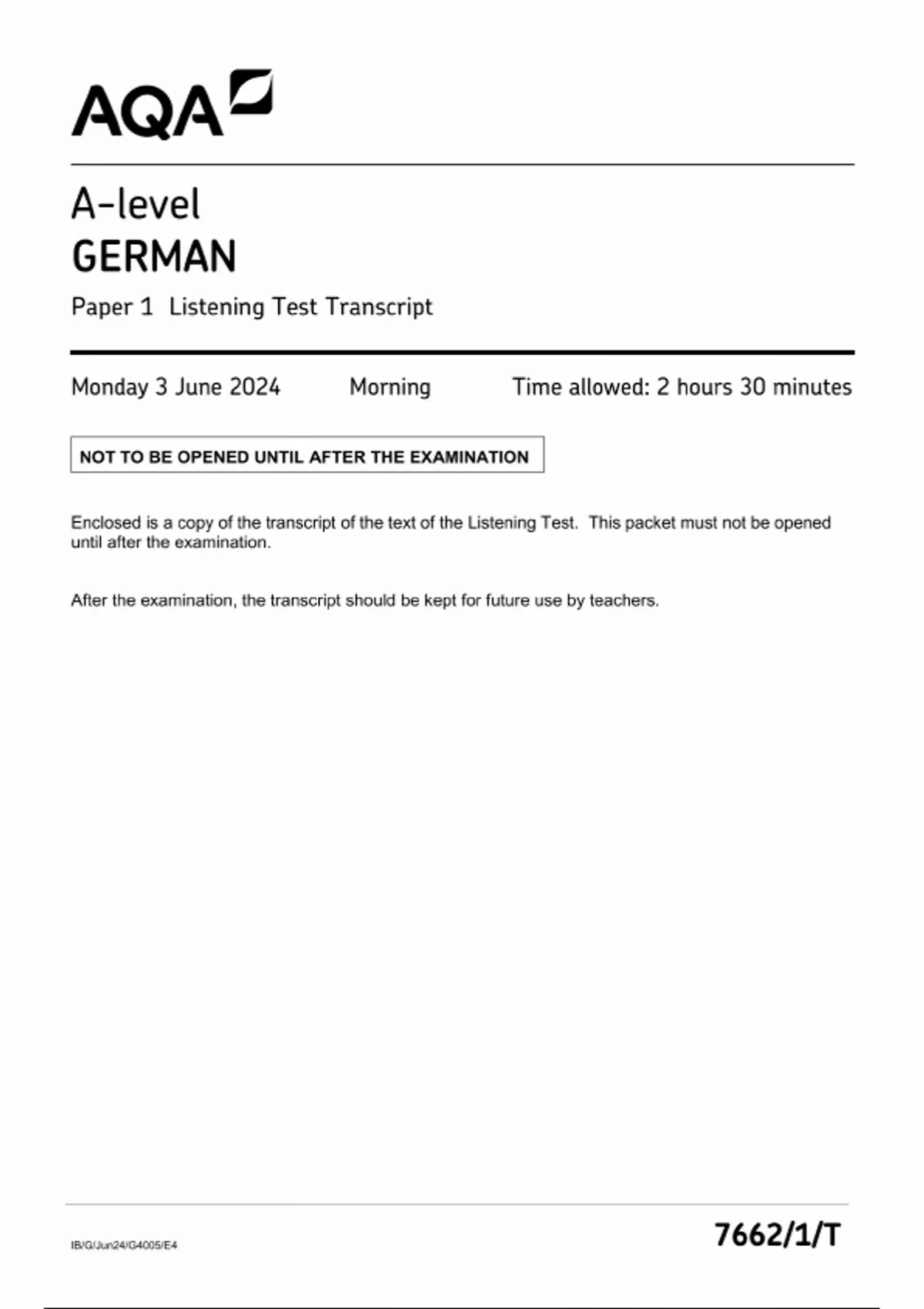 AQA A LEVEL GERMAN PAPER 1 QUESTION PAPER 2024 (7662/1: Listening ...