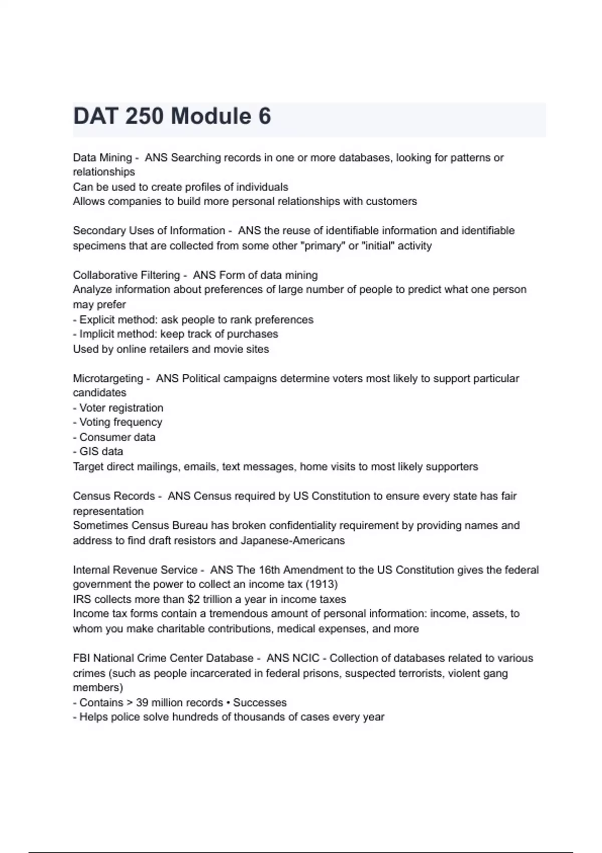 DAT 250 Module 6 Exam Questions and AnswDAT 250 Module 6 Exam Questions ...