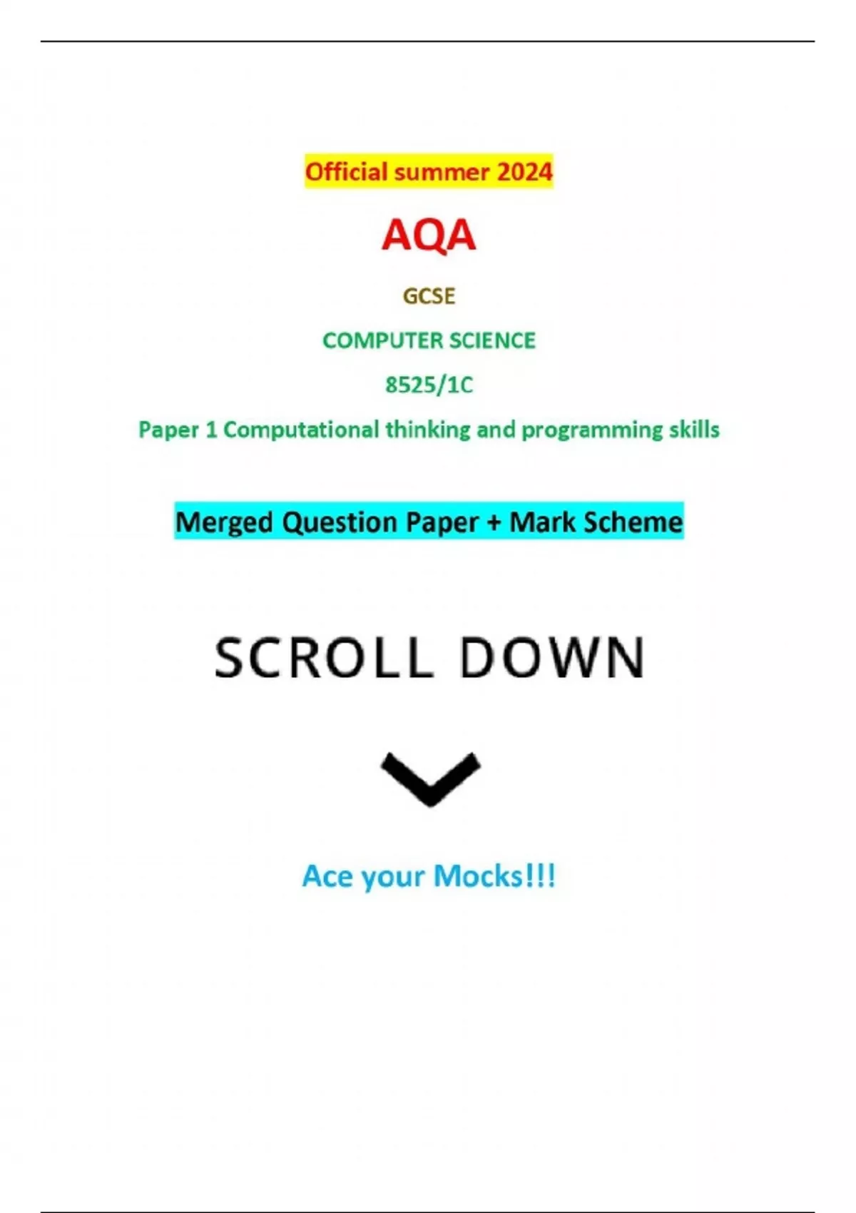 Official summer 2024 AQA GCSE COMPUTER SCIENCE 8525/1C Paper 1 Computational thinking and ...