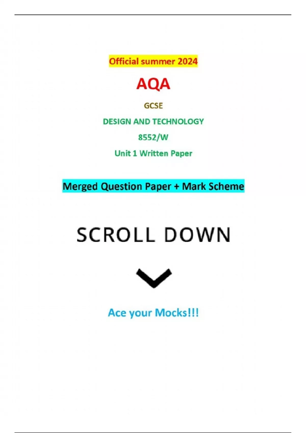 Official summer 2024 AQA GCSE DESIGN AND TECHNOLOGY 8552/W Unit 1 Written Paper Merged Question ...