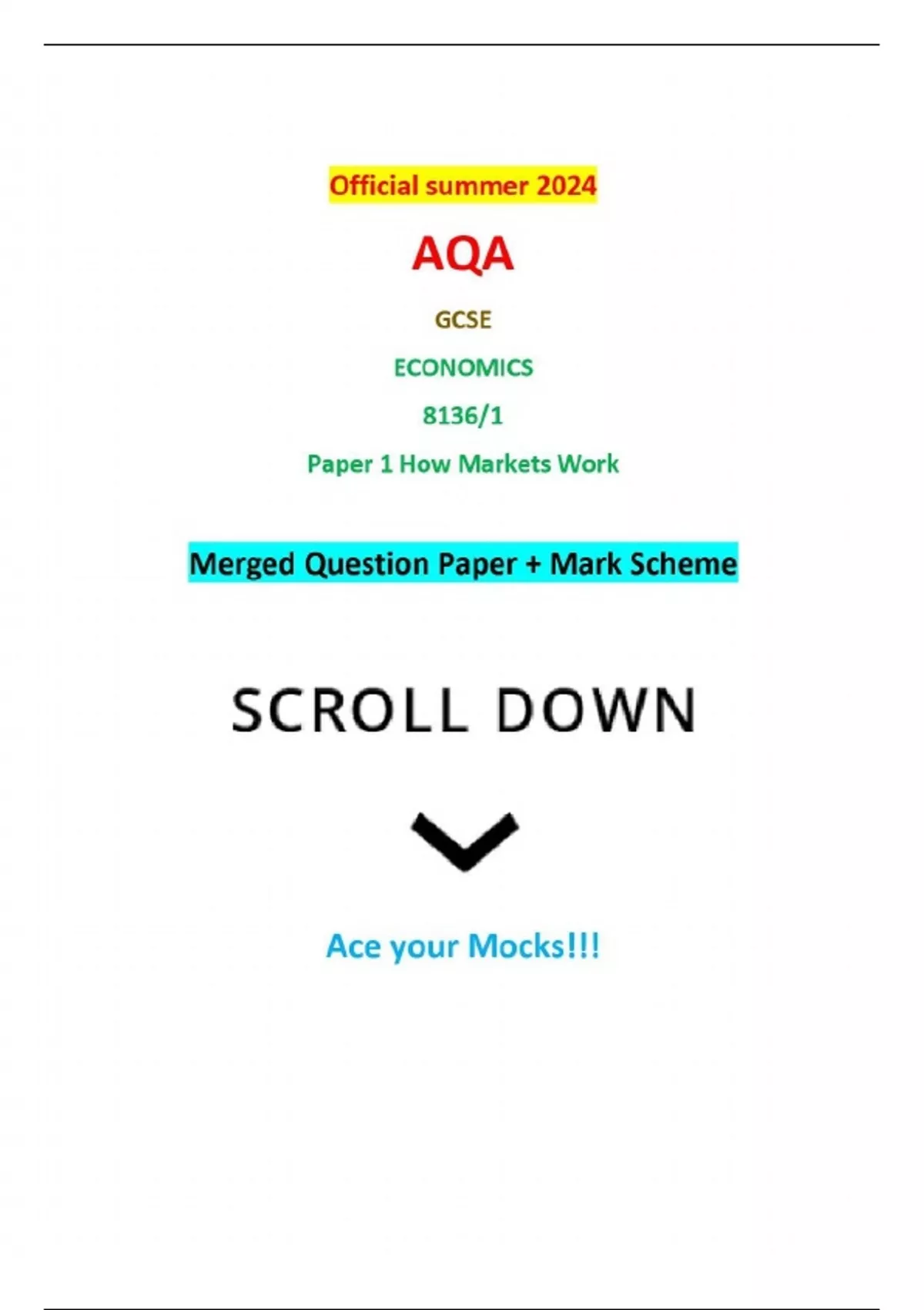 Official summer 2024 AQA GCSE ECONOMICS 8136/1 Paper 1 How Markets Work ...