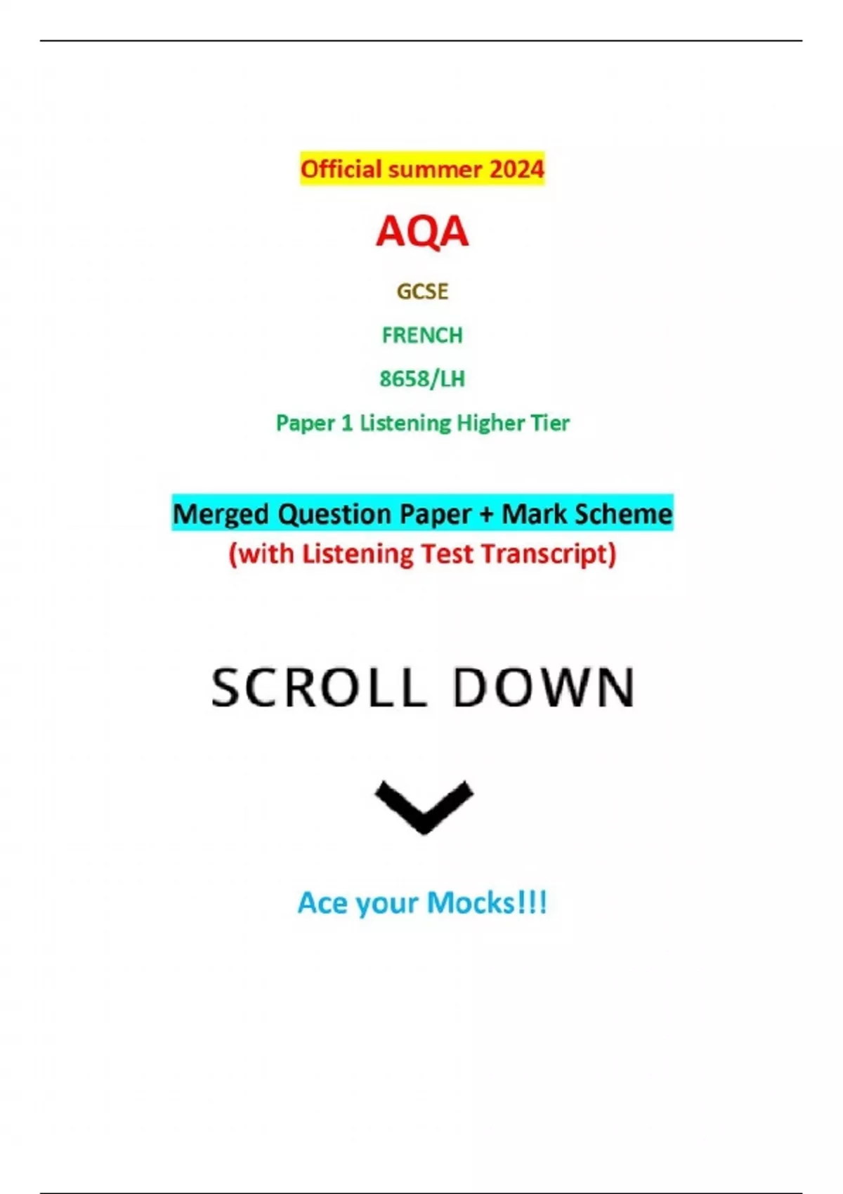 Official summer 2024 AQA GCSE FRENCH 8658/LH Paper 1 Listening Higher ...
