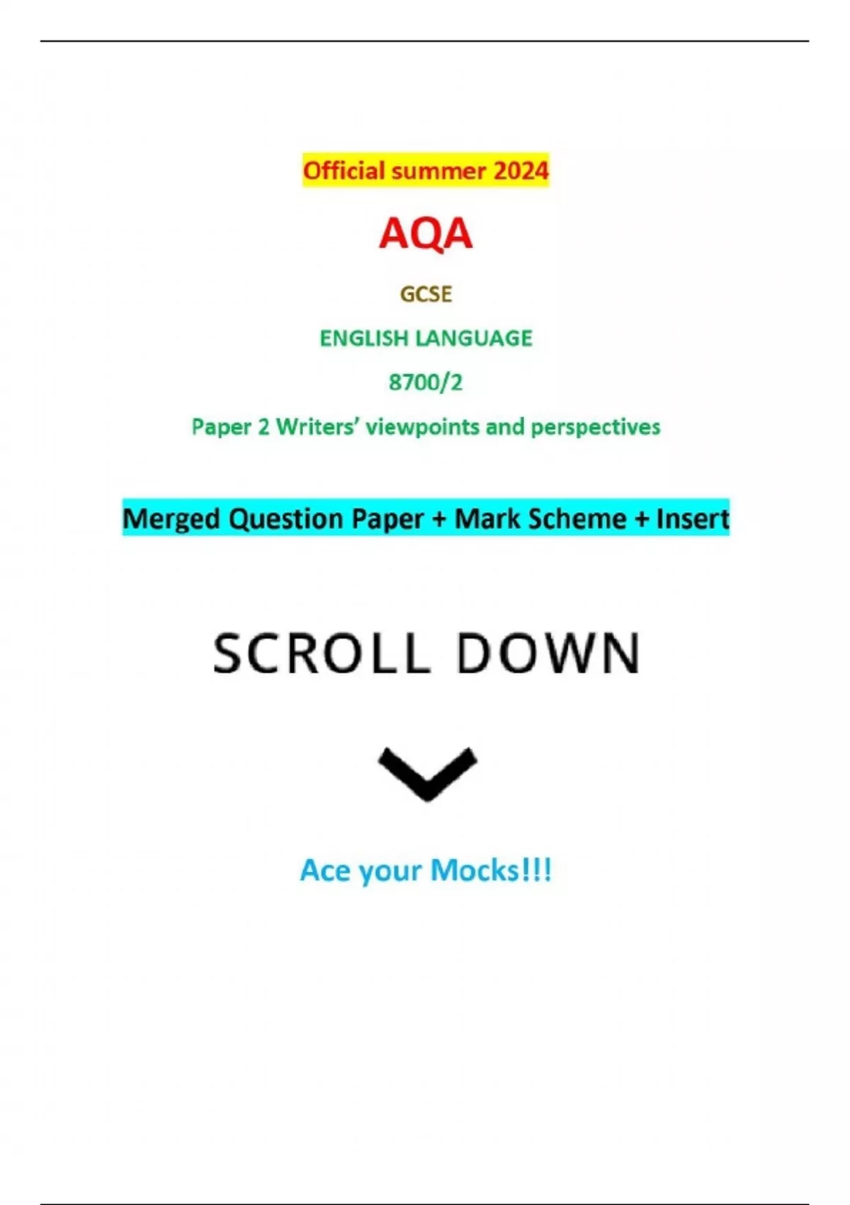 Official summer 2024 AQA GCSE ENGLISH LANGUAGE 8700/2 Paper 2 Writers ...