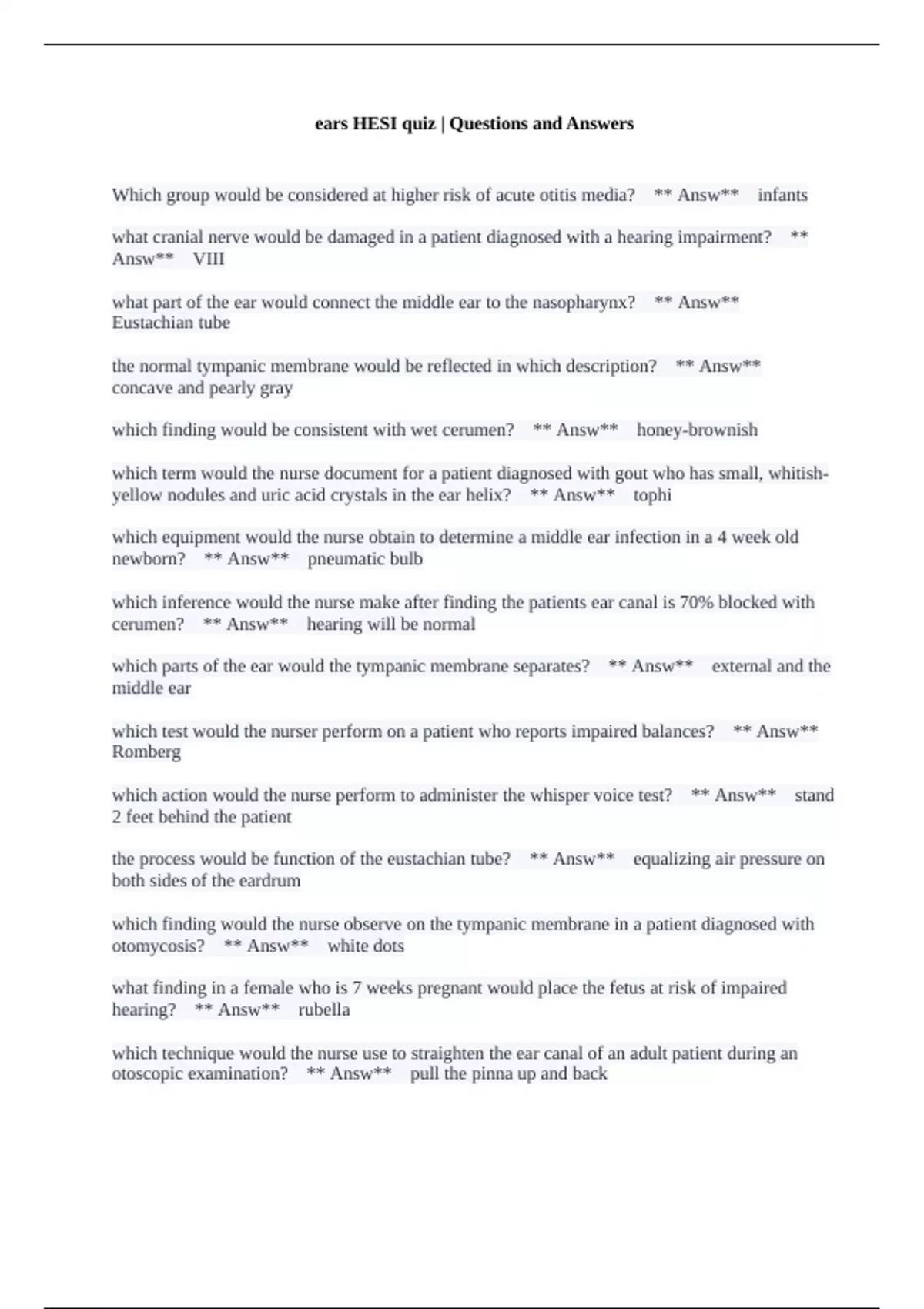 ears HESI quiz | Questions and Answers - Optometry - Stuvia US