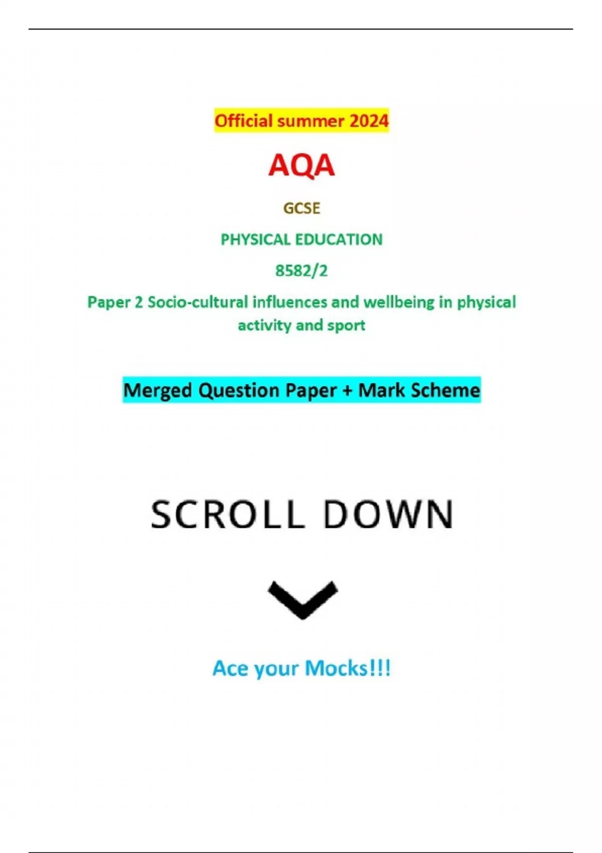 Official summer 2024 AQA GCSE PHYSICAL EDUCATION 8582/2 Paper 2 Socio ...