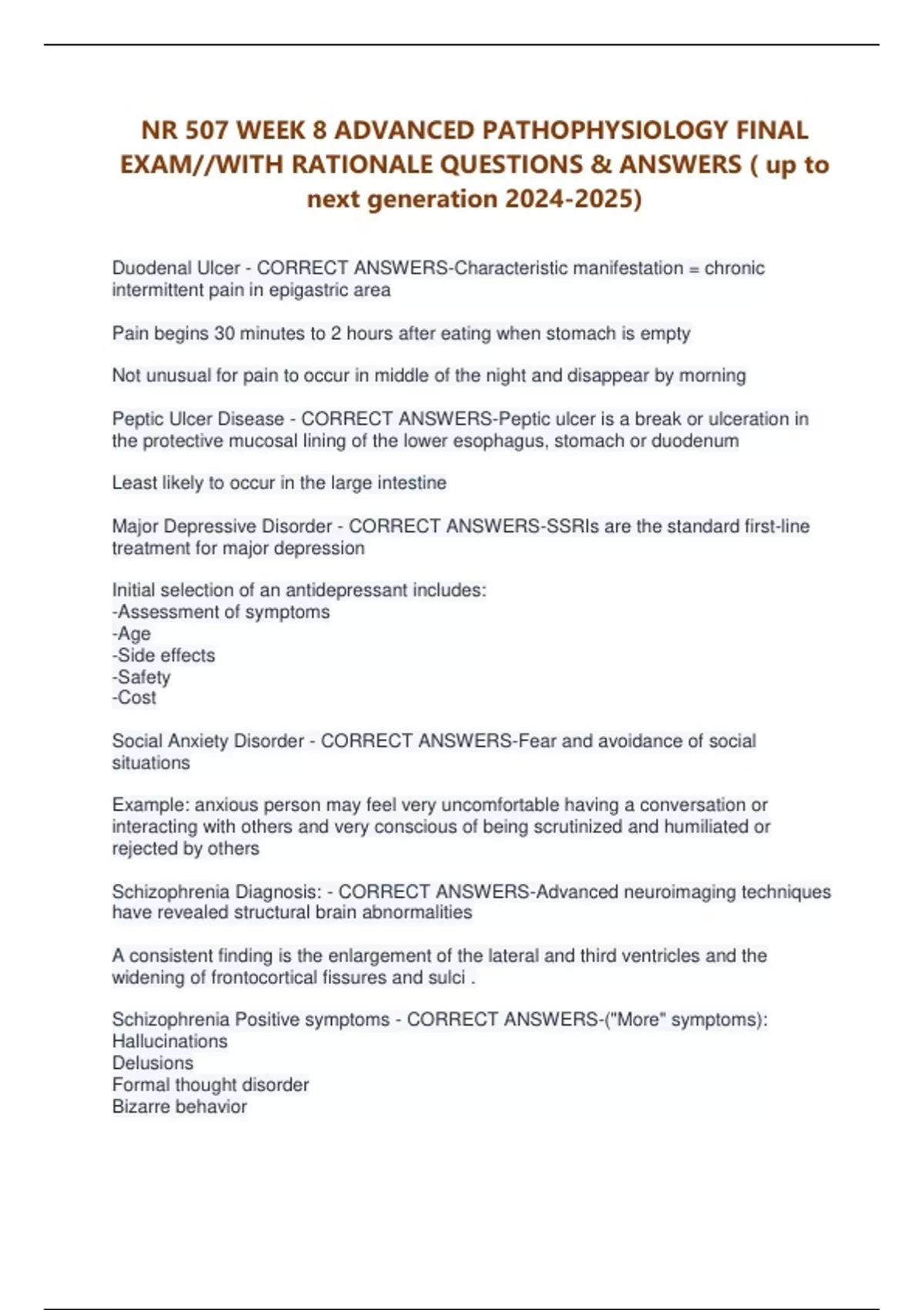 NR 507 WEEK 8 ADVANCED PATHOPHYSIOLOGY FINAL EXAM//WITH RATIONALE ...