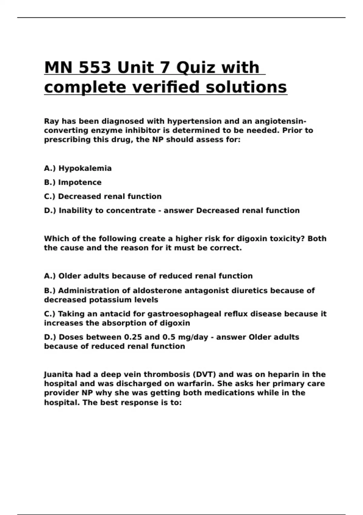 MN 553 Unit 7 Quiz with complete verified solutions - MN553 Advanced ...