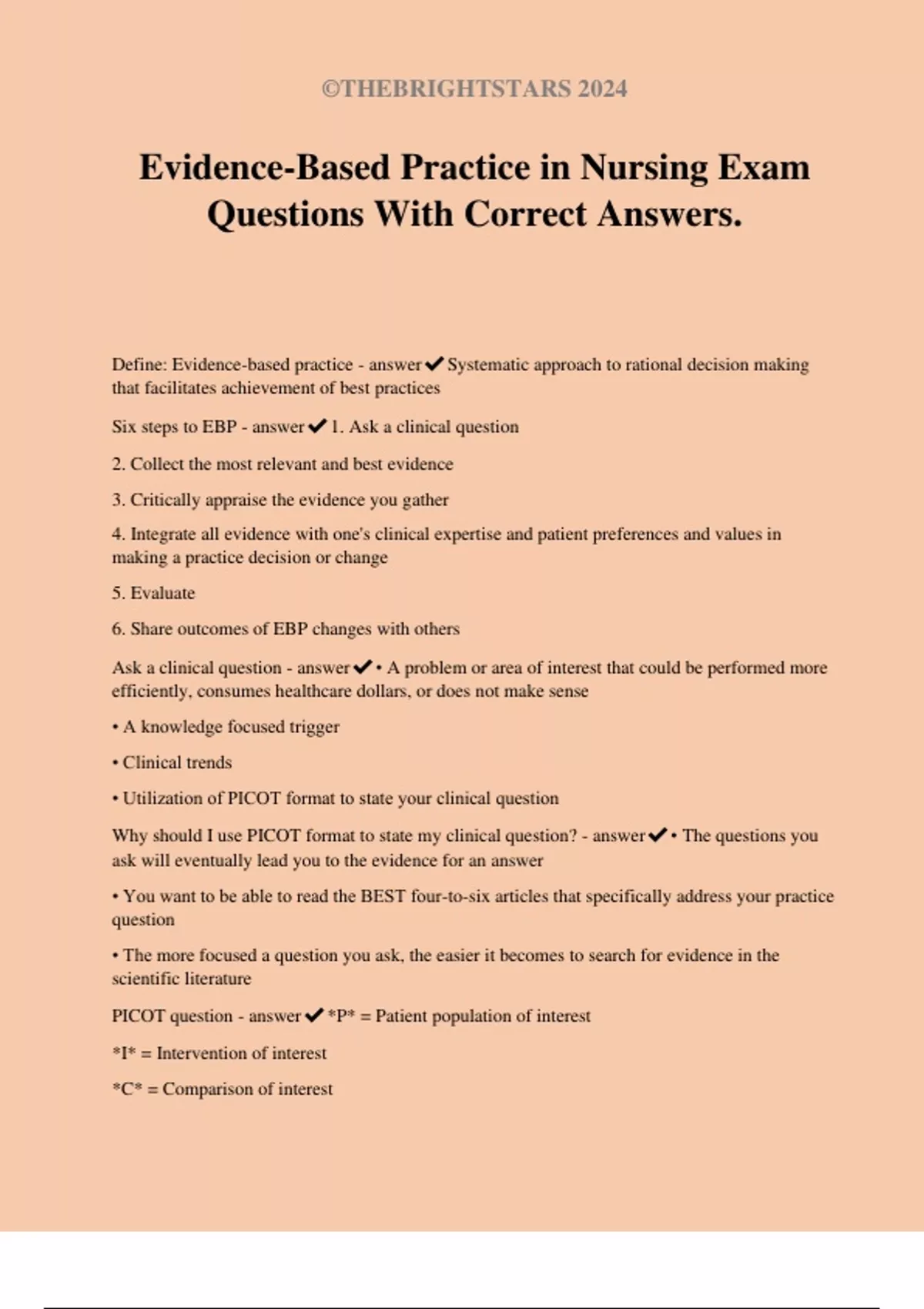 Evidence-Based Practice in Nursing Exam Questions With Correct Answers ...
