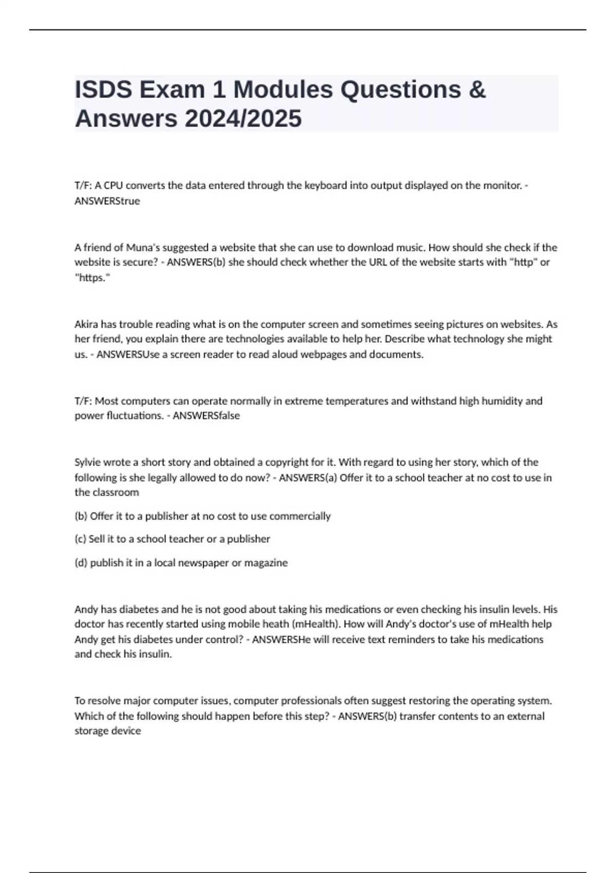 ISDS Exam 1 Modules Questions & Answers 2024/2025 - ISDS - Stuvia UK