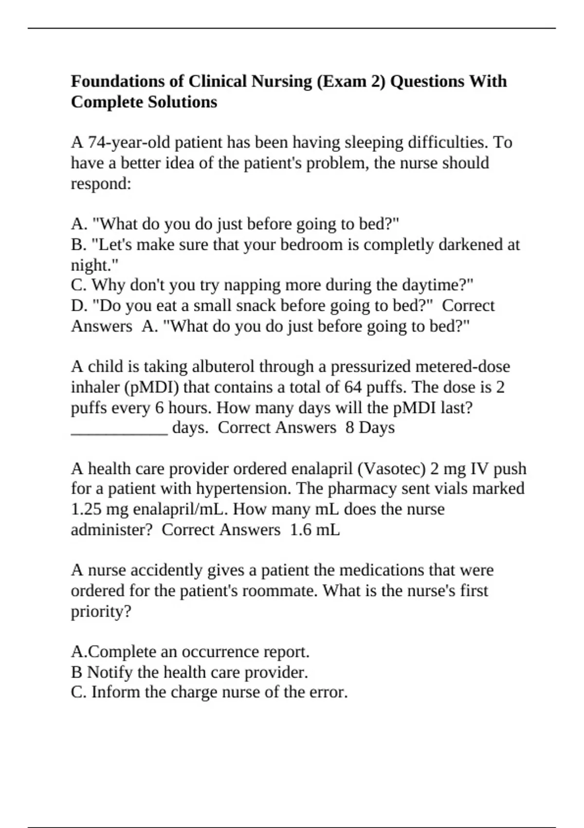 Foundations of Clinical Nursing (Exam 2) Questions With Complete ...