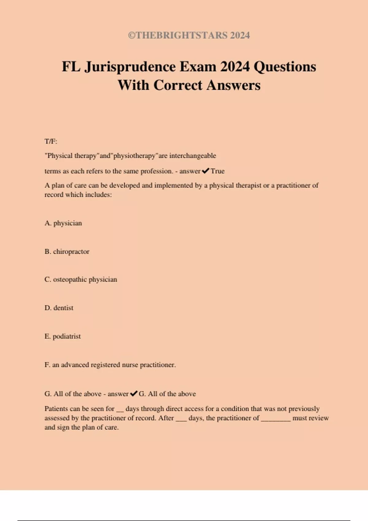 FL Jurisprudence Exam 2024 Questions With Correct Answers - Florida Jurisprudence - Stuvia US