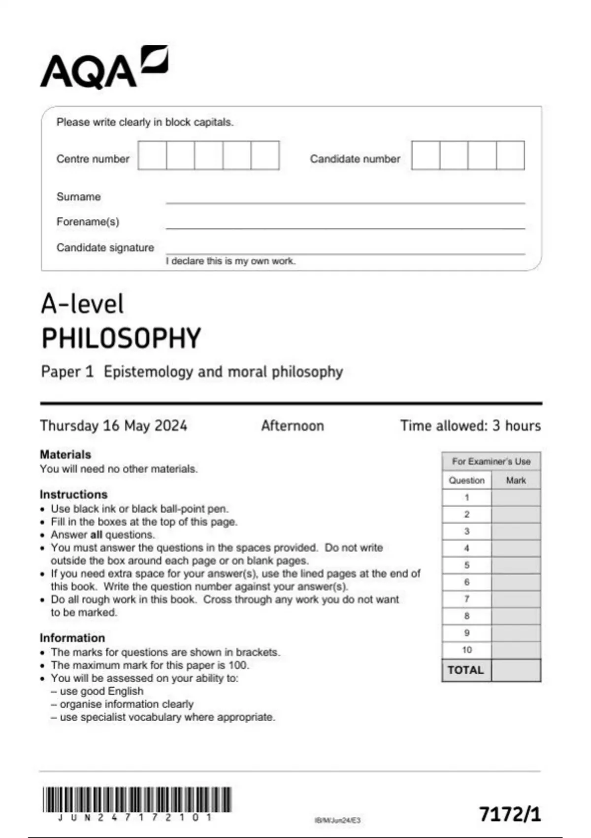 AQA A LEVEL Philosophy PAPER 1 Question paper and Final Mark Scheme ...
