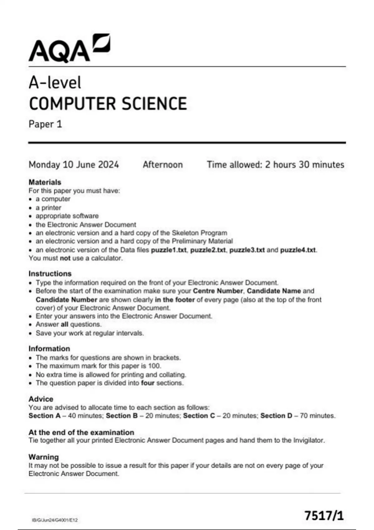 AQA A LEVEL Computer Science PAPER 1 QUESTION PAPER JUNE /1 - AQA ...