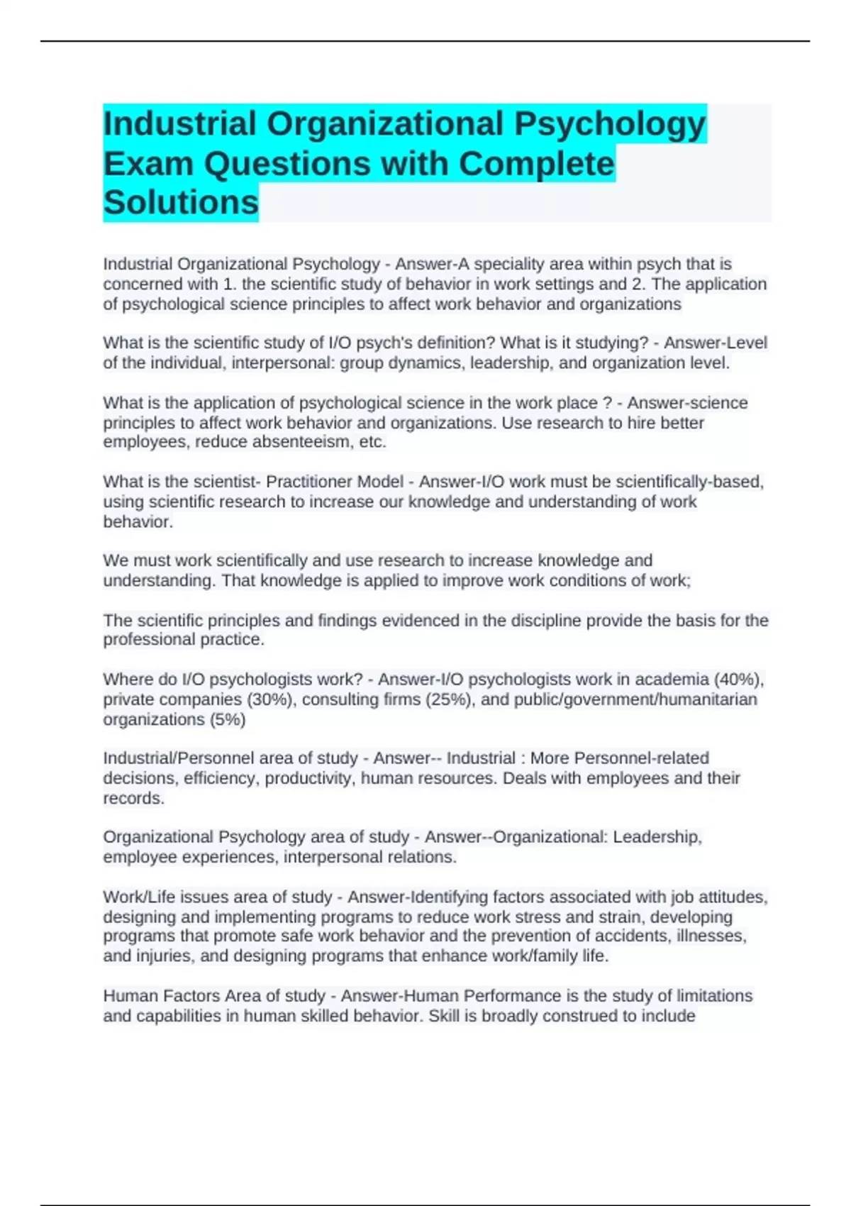 Industrial Organizational Psychology Exam Questions with Complete ...