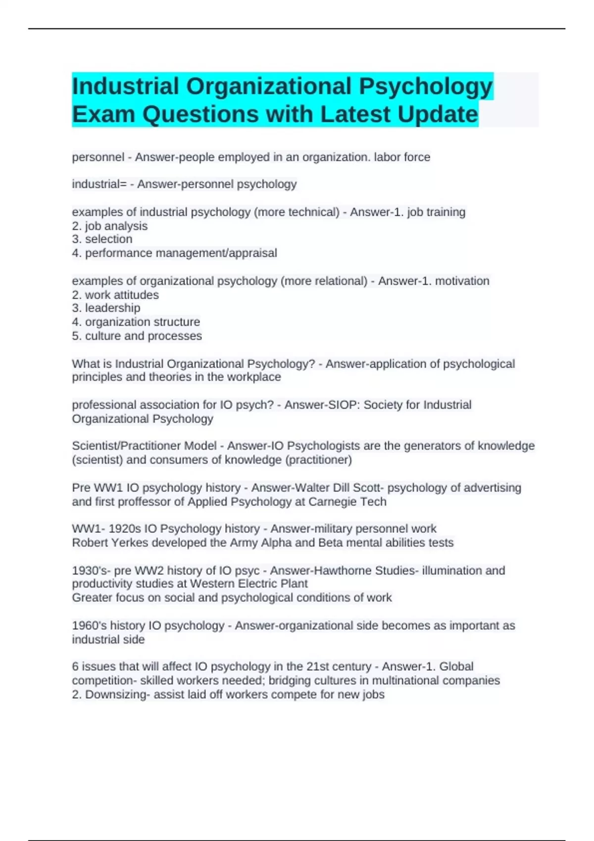 Industrial Organizational Psychology Exam Questions with Latest Update ...