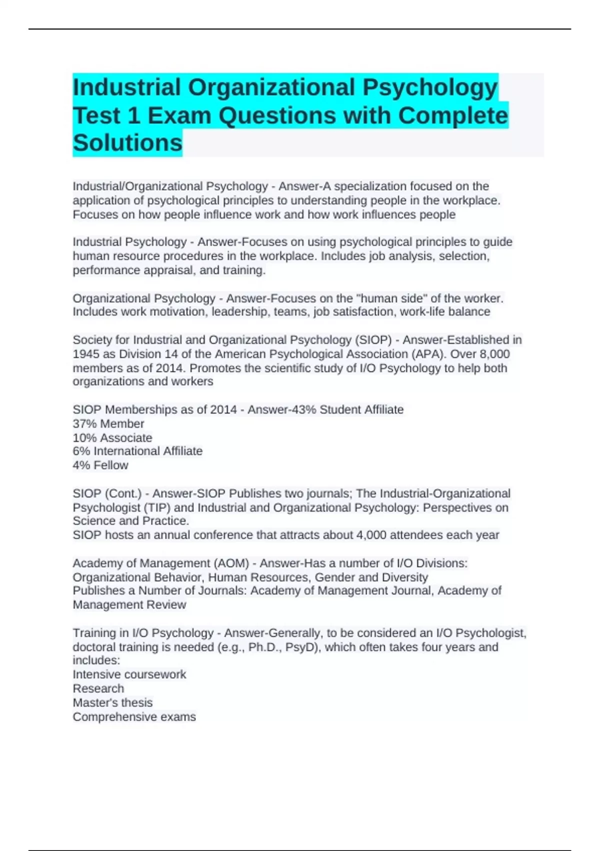 Industrial Organizational Psychology Test 1 Exam Questions with ...